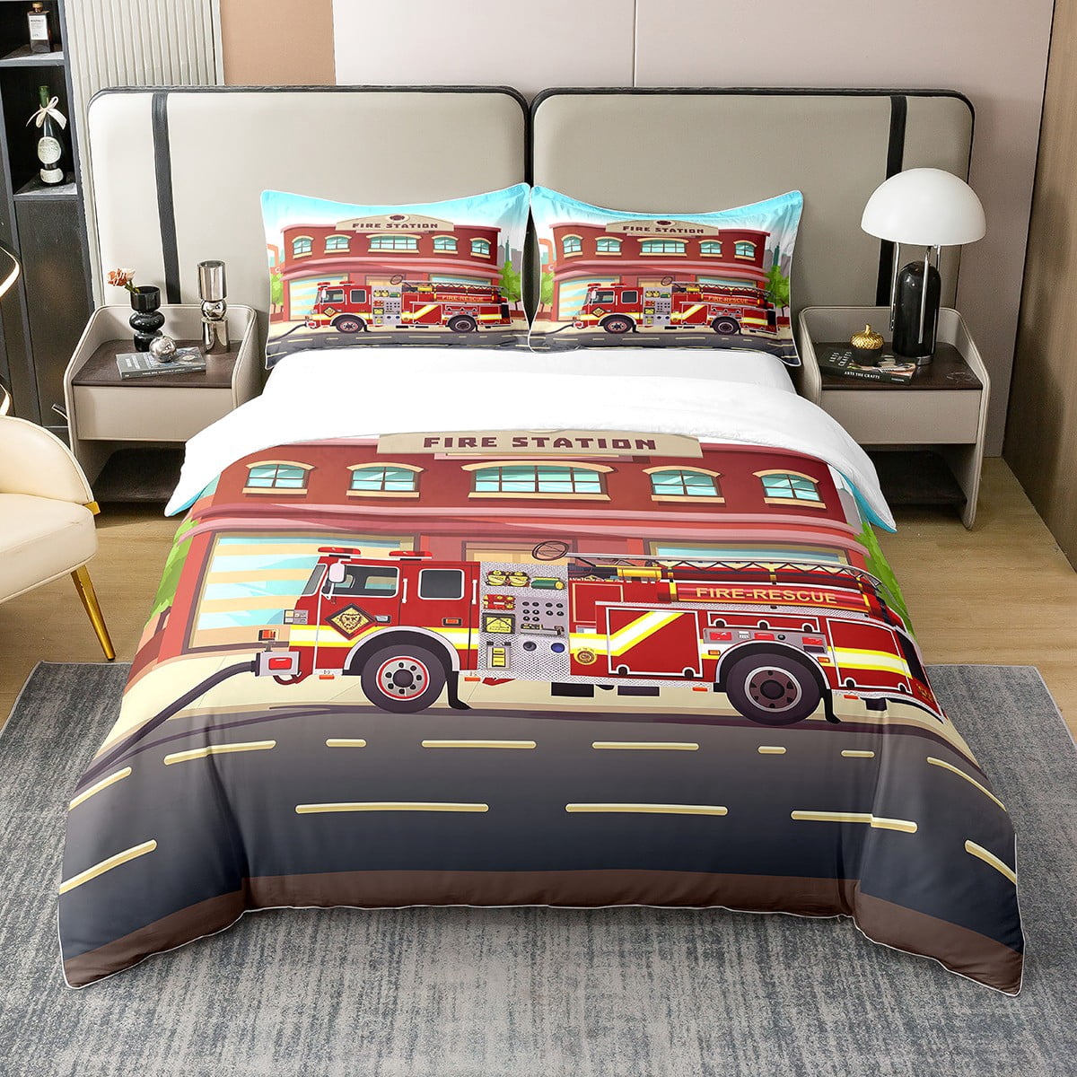 Fire Fighting Truck 100% Natural Cotton Duvet Cover Queen Size Red ...