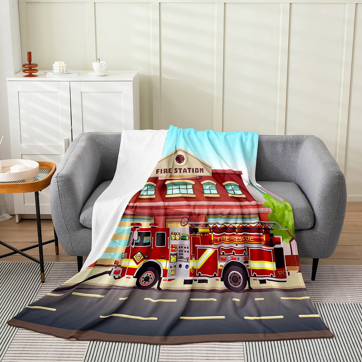 Fire Fighting Truck Throw Blanket Twin 60x80 Red Cartoon Car Fleece ...