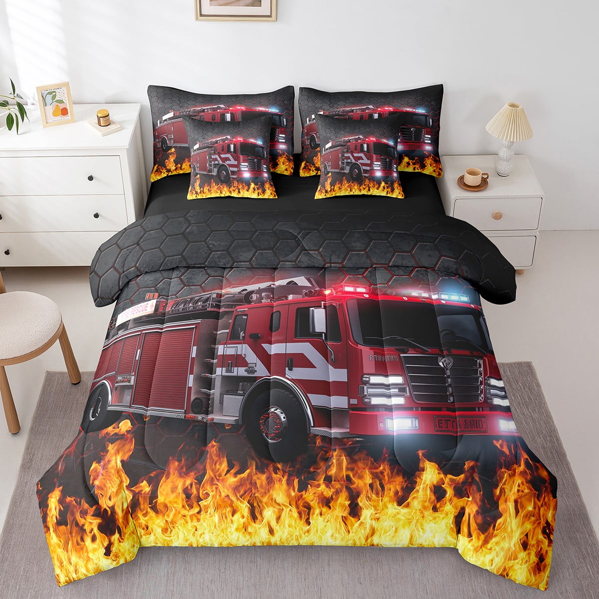 Fire Truck Bedding Comforter Sets Cartoon Firefighter Car Bed in a Bag ...