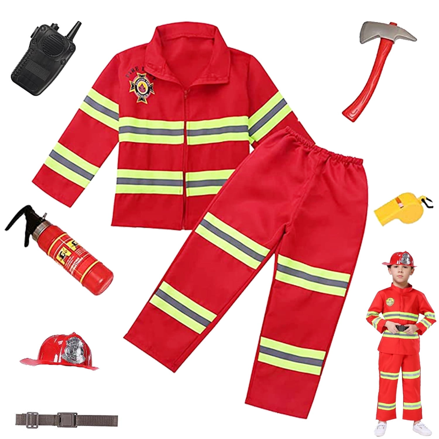Kids Fireman Costume Dress-Up Set, Pretend Play Firefighter Kit, Gift ...