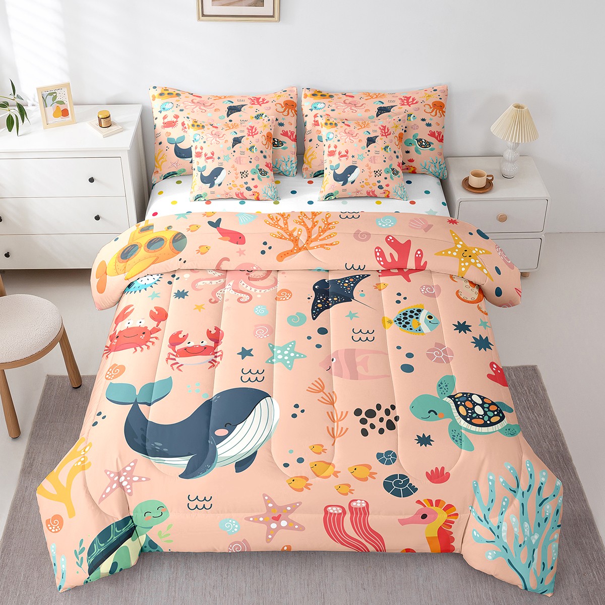 Fish 7 Piece Bed in a Bag Twin Comforter Set, Cartoon Seahorse Animals ...