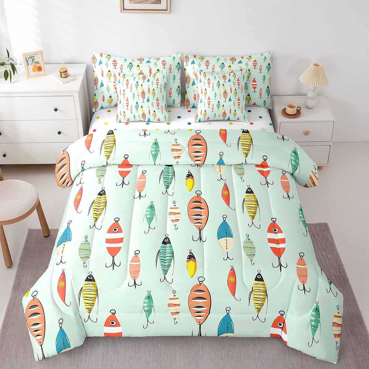 Kids Fish Comforter 7 Pieces Colorful Fish Sheet Set Full Size Fishing ...