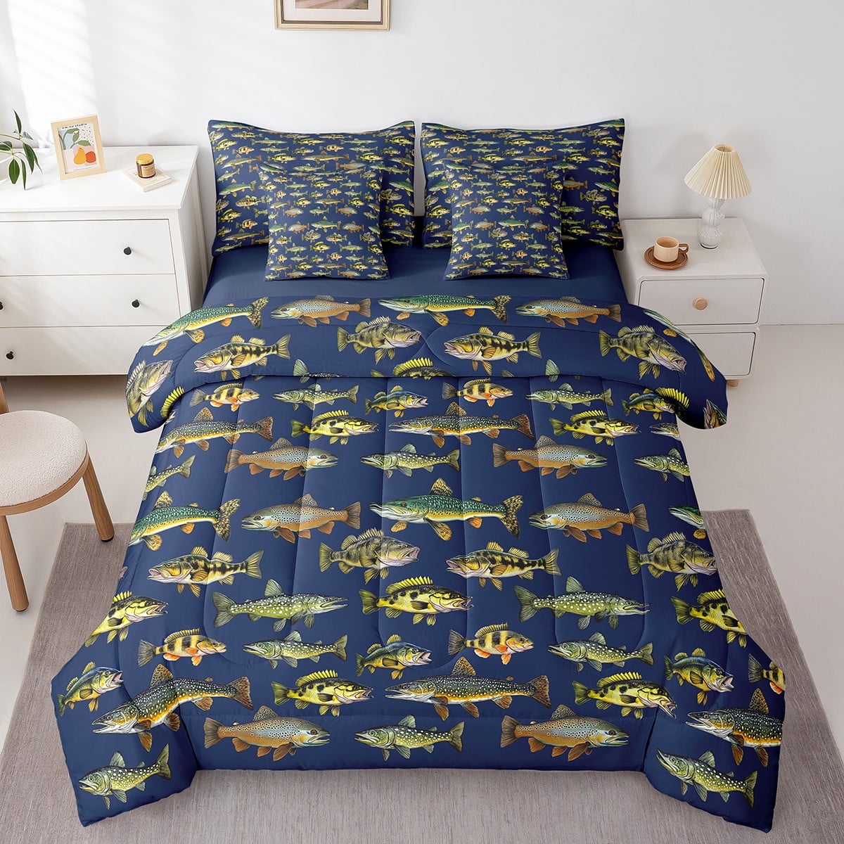 Kids Fishing 7 Piece Full Comforter Set, Rustic Big Pike Fish Bedding ...