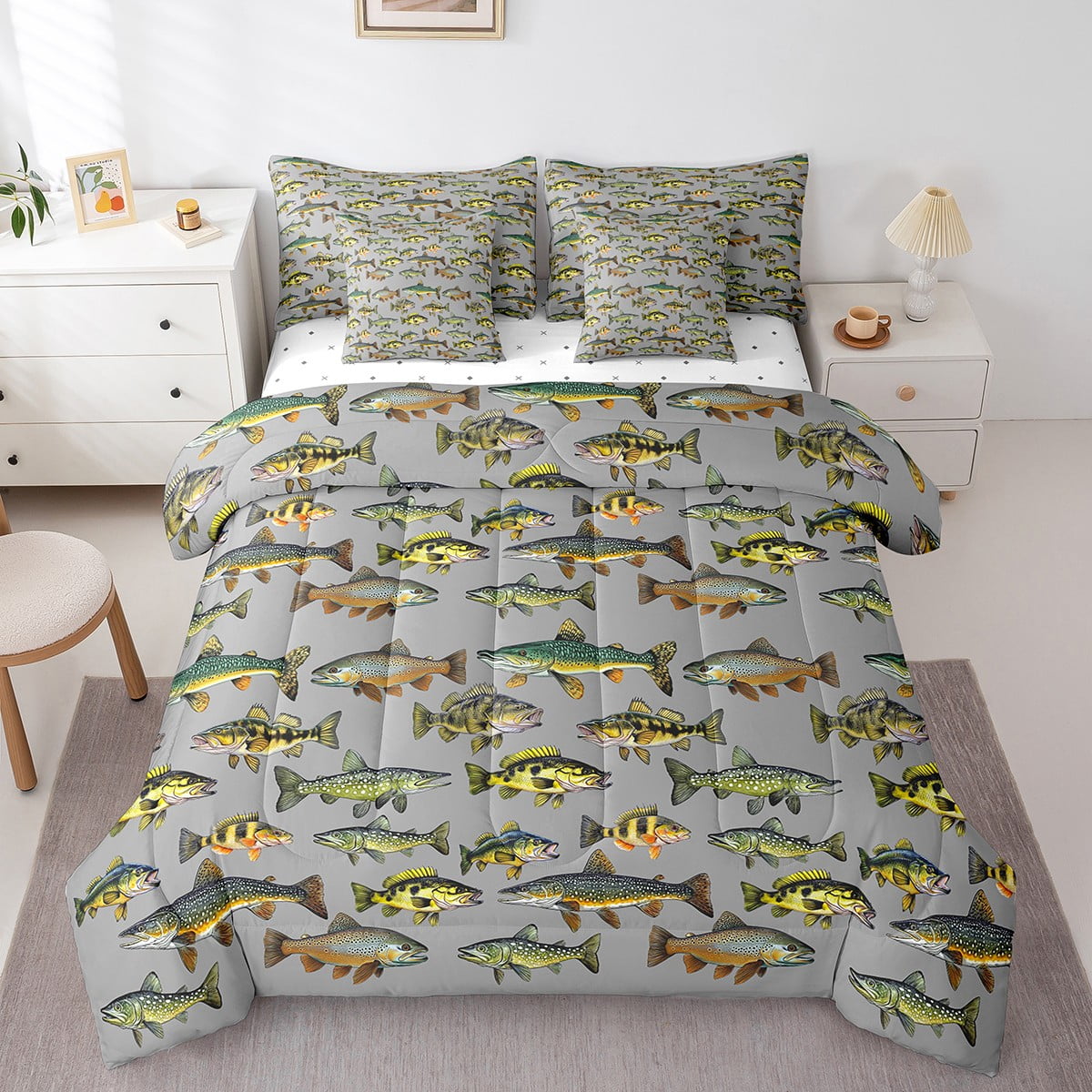 Fishing 7 Piece Twin Comforter Set, Retro Pike Fish Bedding Sets ...