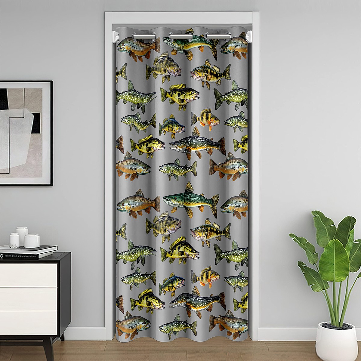 Kids Fishing Door Curtain For Doorway 42"W x 80"L, Retro Pike Fish ...