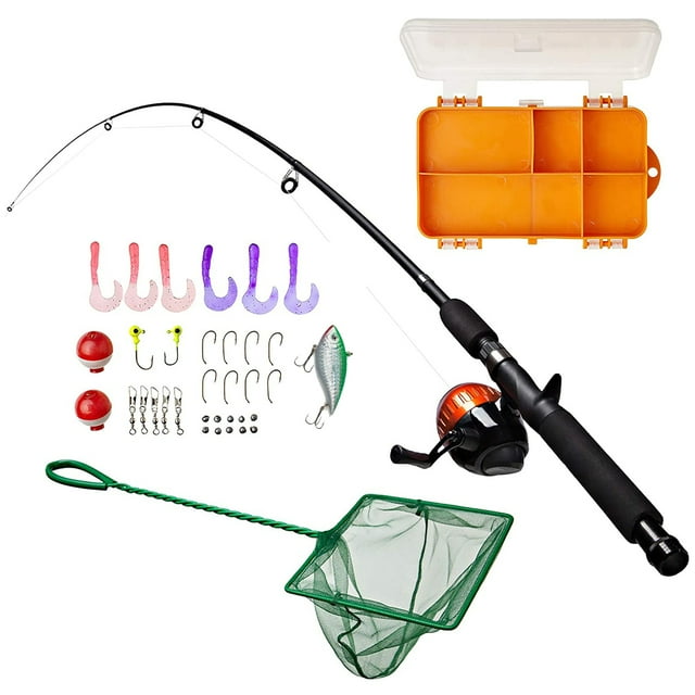 "Kids Starter Fishing Gear Set - 17"" Telescoping Rod, 32 pcs Tackle ...