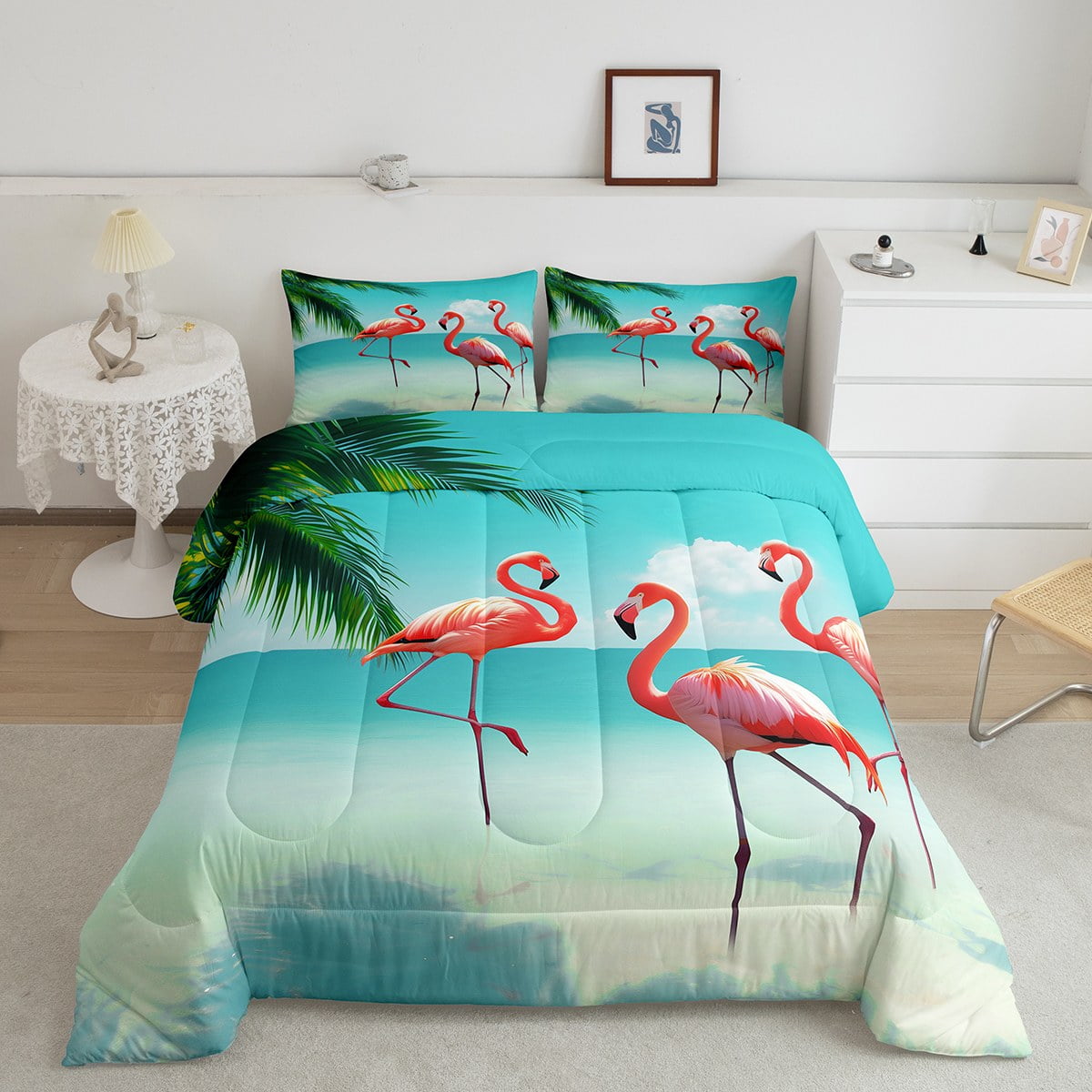 Flamingo Bedding,Soft Pink Green Comforter Set - Room Decor Beach Ocean ...