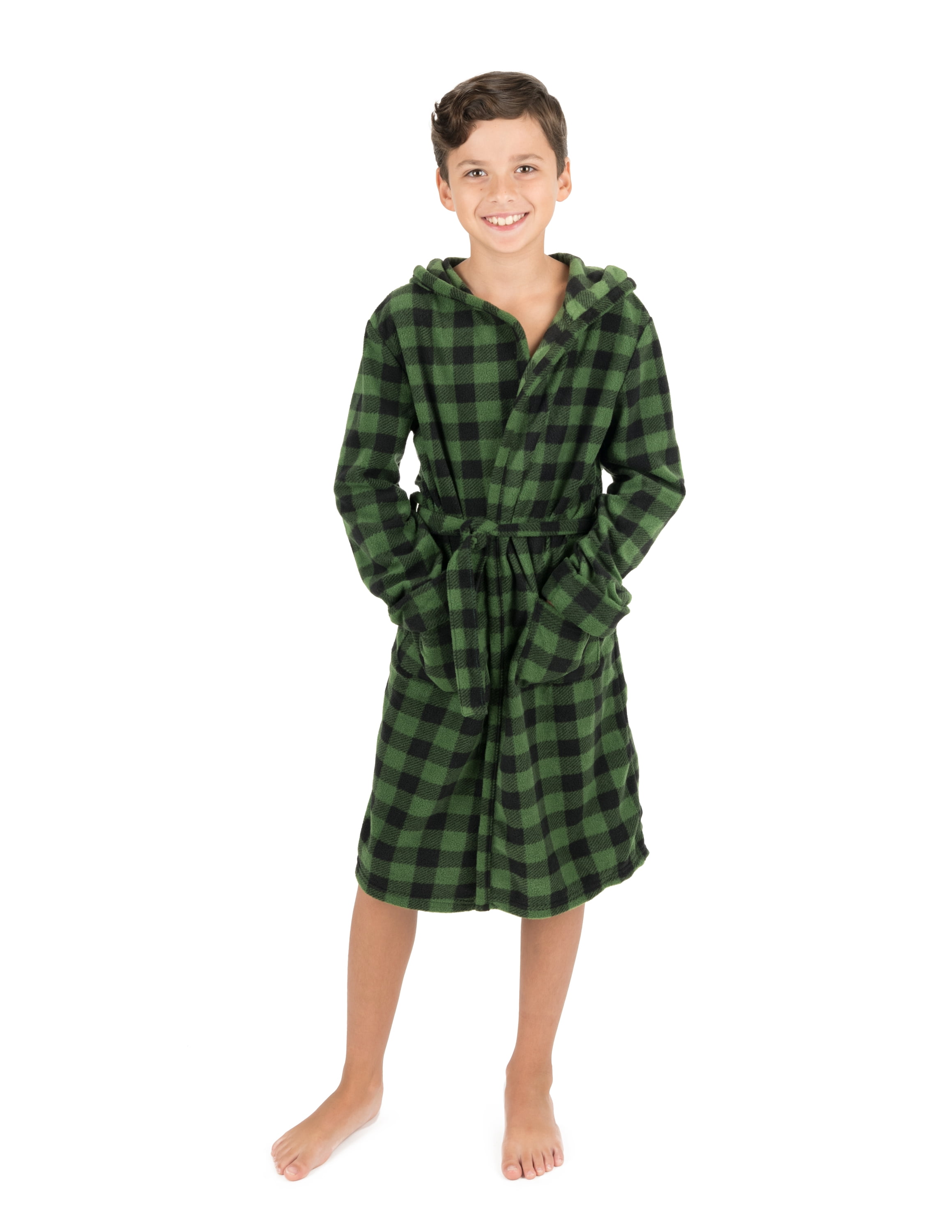 Kids Fleece Hooded Robe Plaid Black & Green 3 Year - Walmart.com