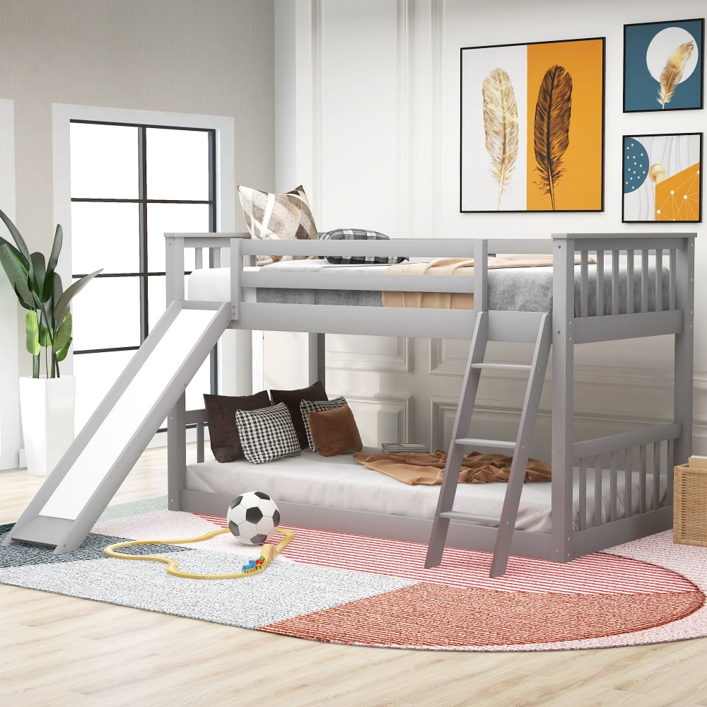 Kids Floor Bunk Beds, Twin over Twin Bunk Bed with Convertible Slide ...