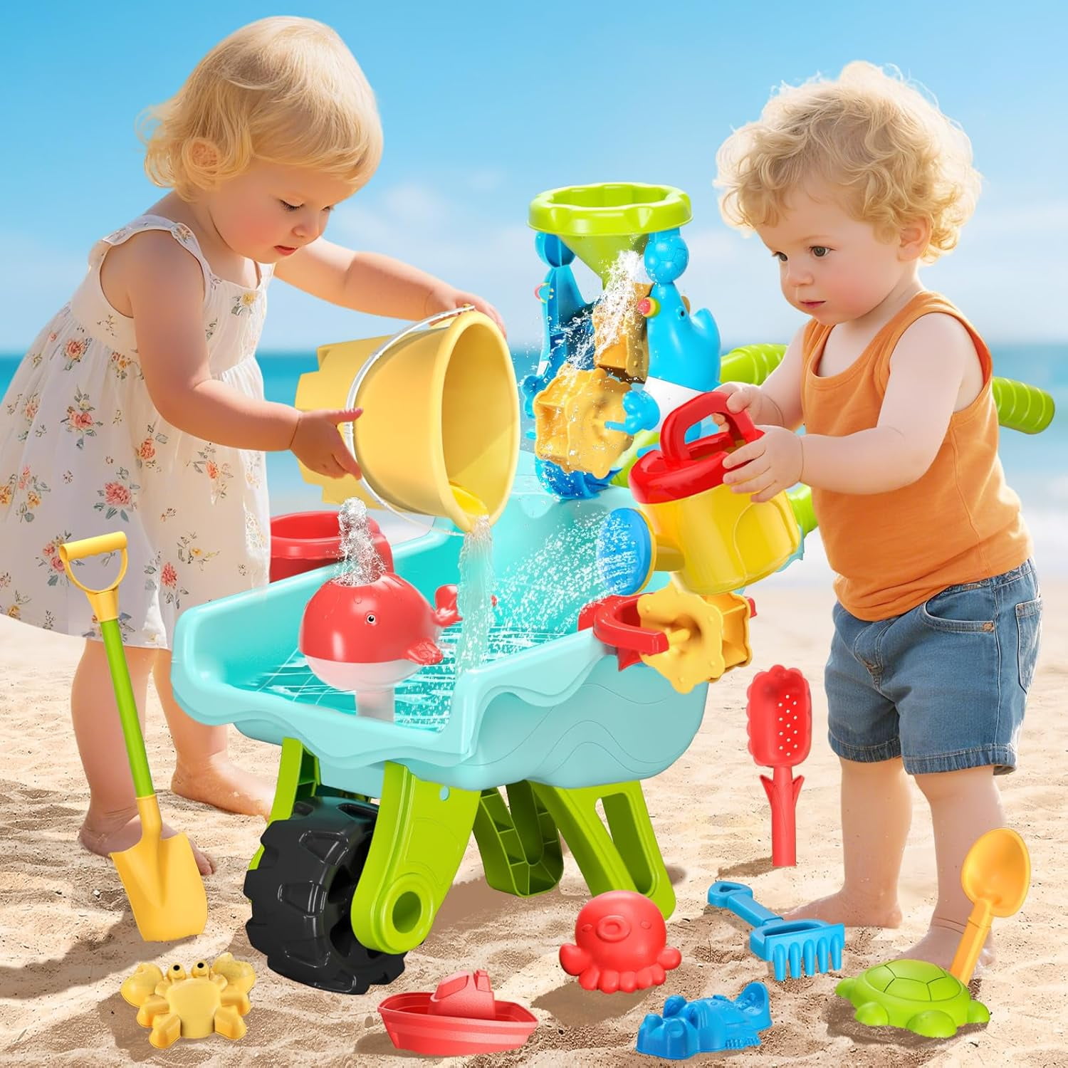 Kids Flower Water Sand Table for Toddlers - 2-Tier Outdoor Water Sand Play Table Toys for Boys ...