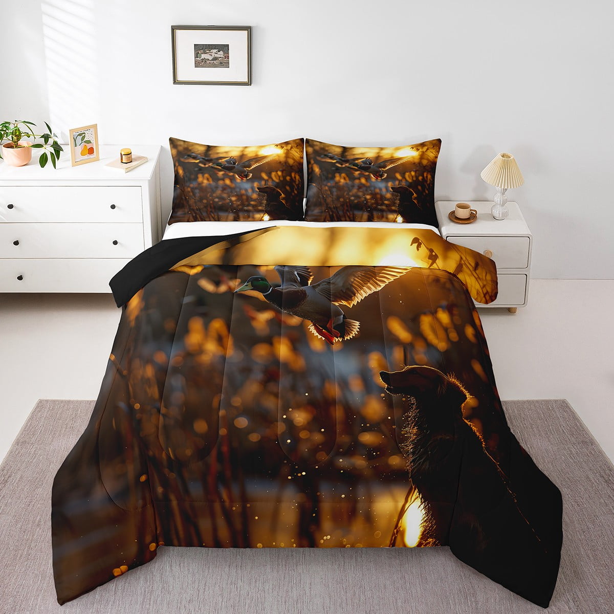 Kids Flying Duck Comforter Set Twin for Boys Girls Mallard Duck Bedding, Natural Animal Wildlife ...