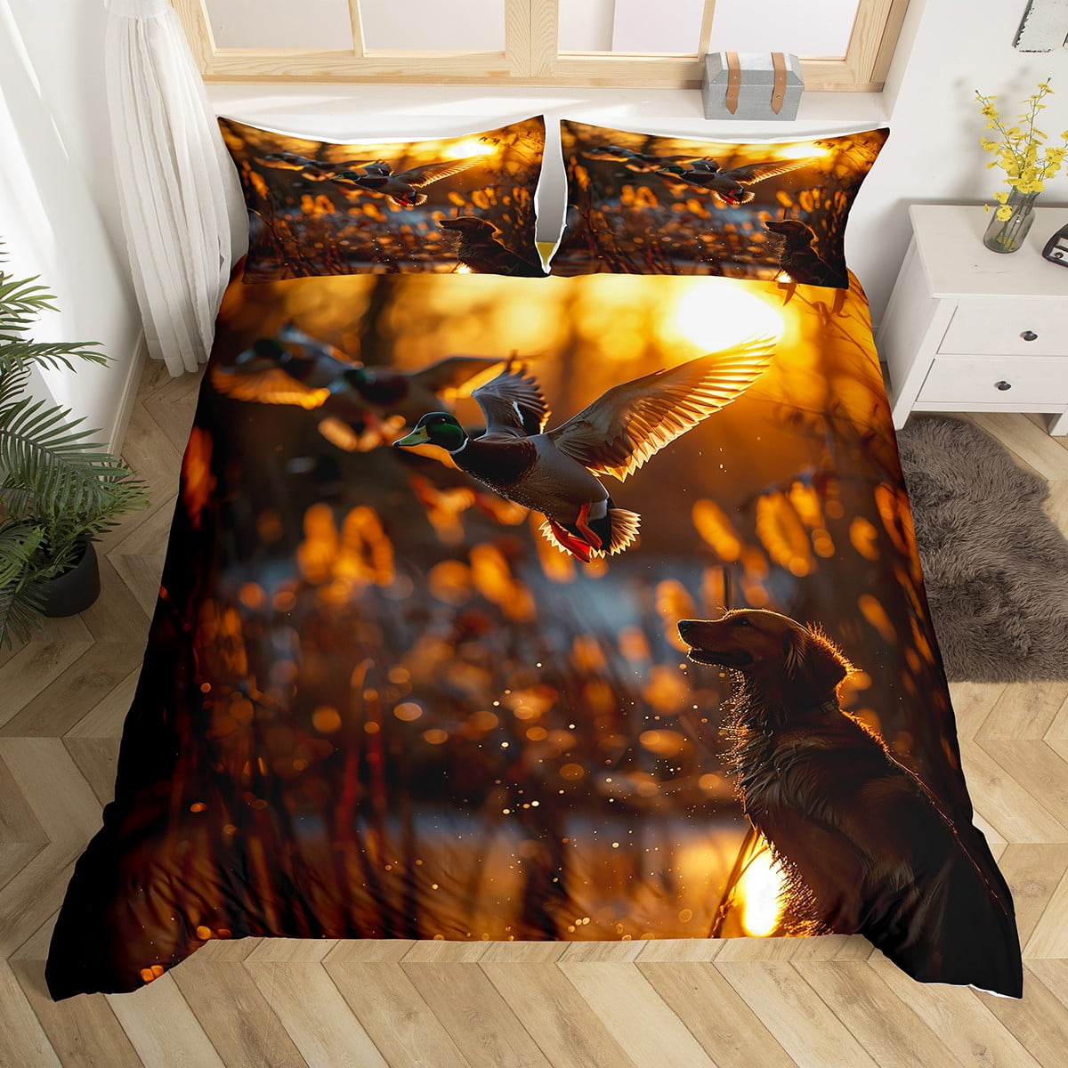 Kids Flying Duck Duvet Cover Twin For Boys Girls Mallard Duck Bedding Set, Natural Animal ...