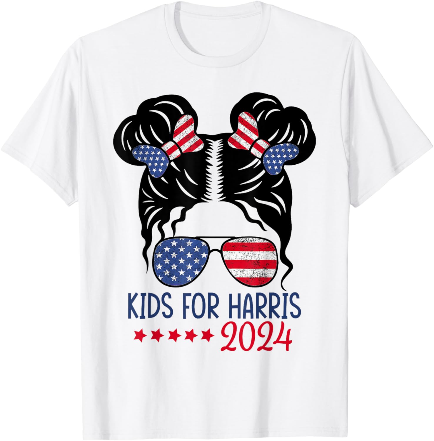 Kids For Harris 2024 President Girls Messy Bun American Flag T-Shirt ...