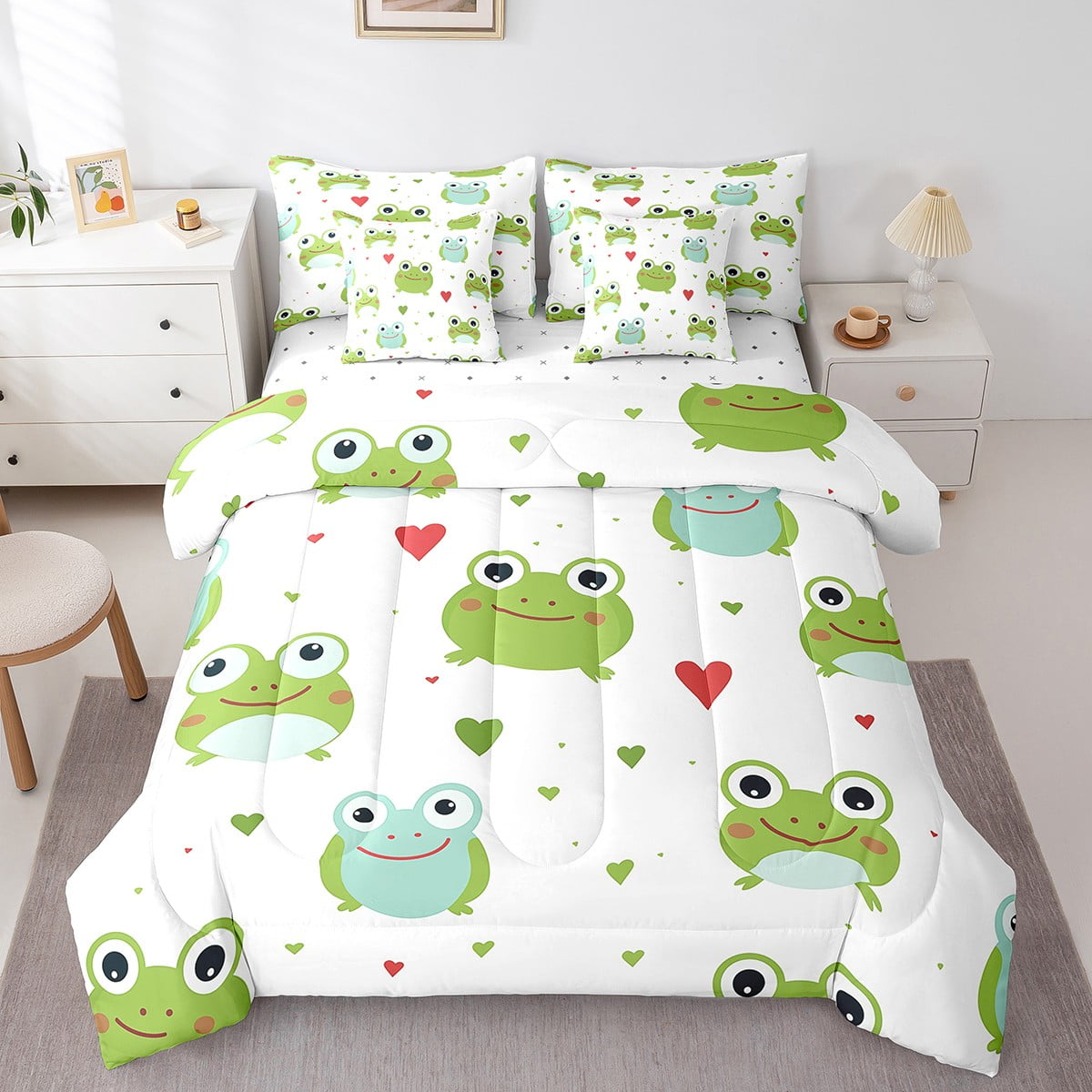 Kids Frog Twin Size Comforter Set 7-Piece Toddler Funny Frog Bedding ...