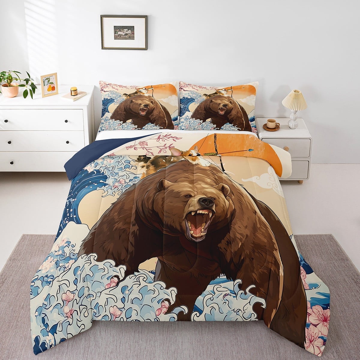 Funny Twin Bedding Sets for Bedroom Corgi Riding Bear Comforter Set ...