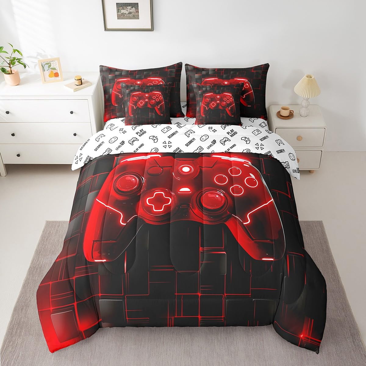 Kids Games Comforter Set Queen Size, Red Gaming Bedding for Boys Girls ...