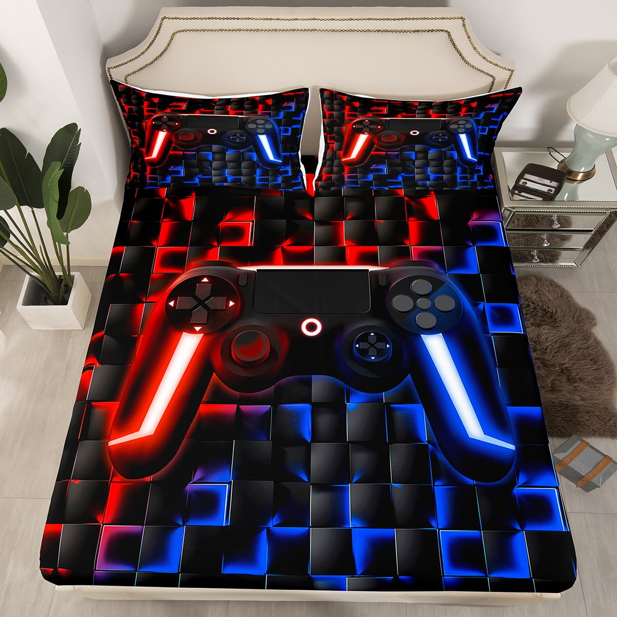 Gaming Bed Sheets Full Geometric Gamer Bedding Set Neon Lights Red ...