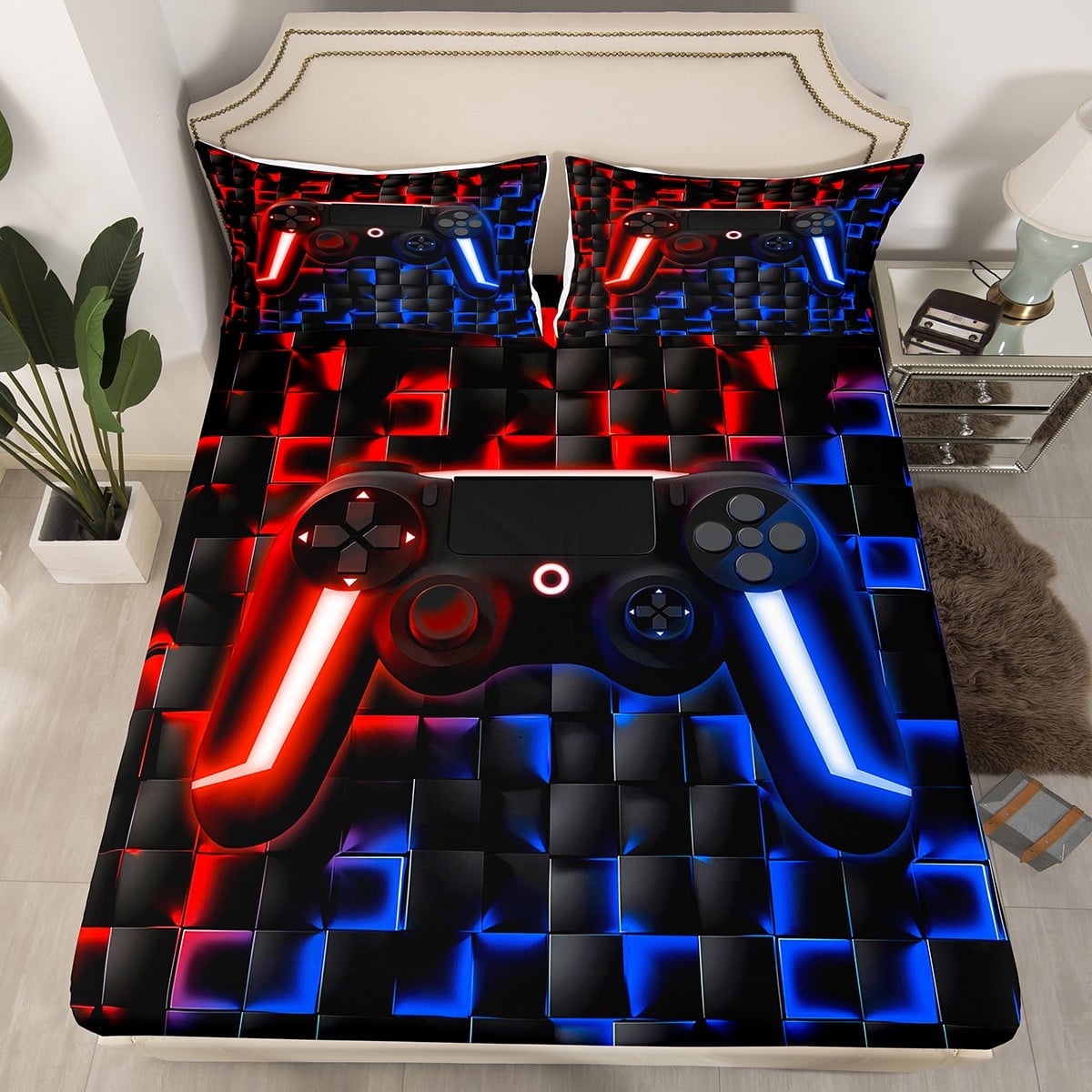 Gaming Bed Sheets Twin Geometric Gamer Bedding Set Neon Lights Red ...
