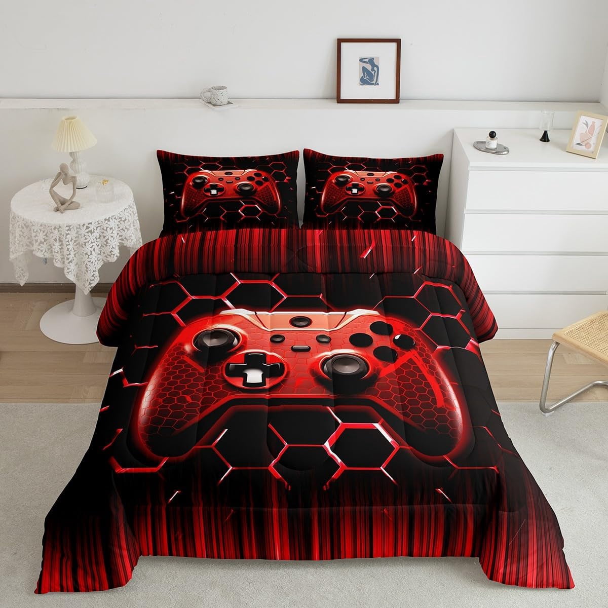 Kids Gaming Comforter Set King Size, Red Geometric Gamepad Bedding Set ...