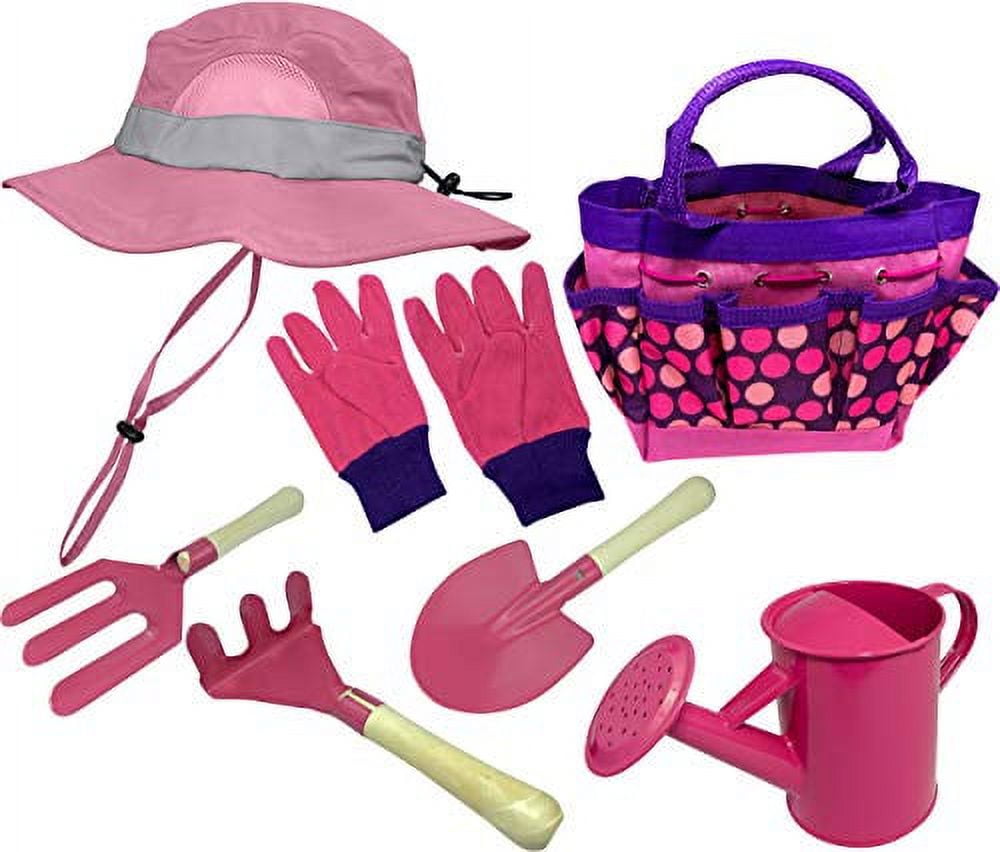 Kids Garden Set & Bucket Hat Combo: Real Metal Tools & Wooden Handles ...