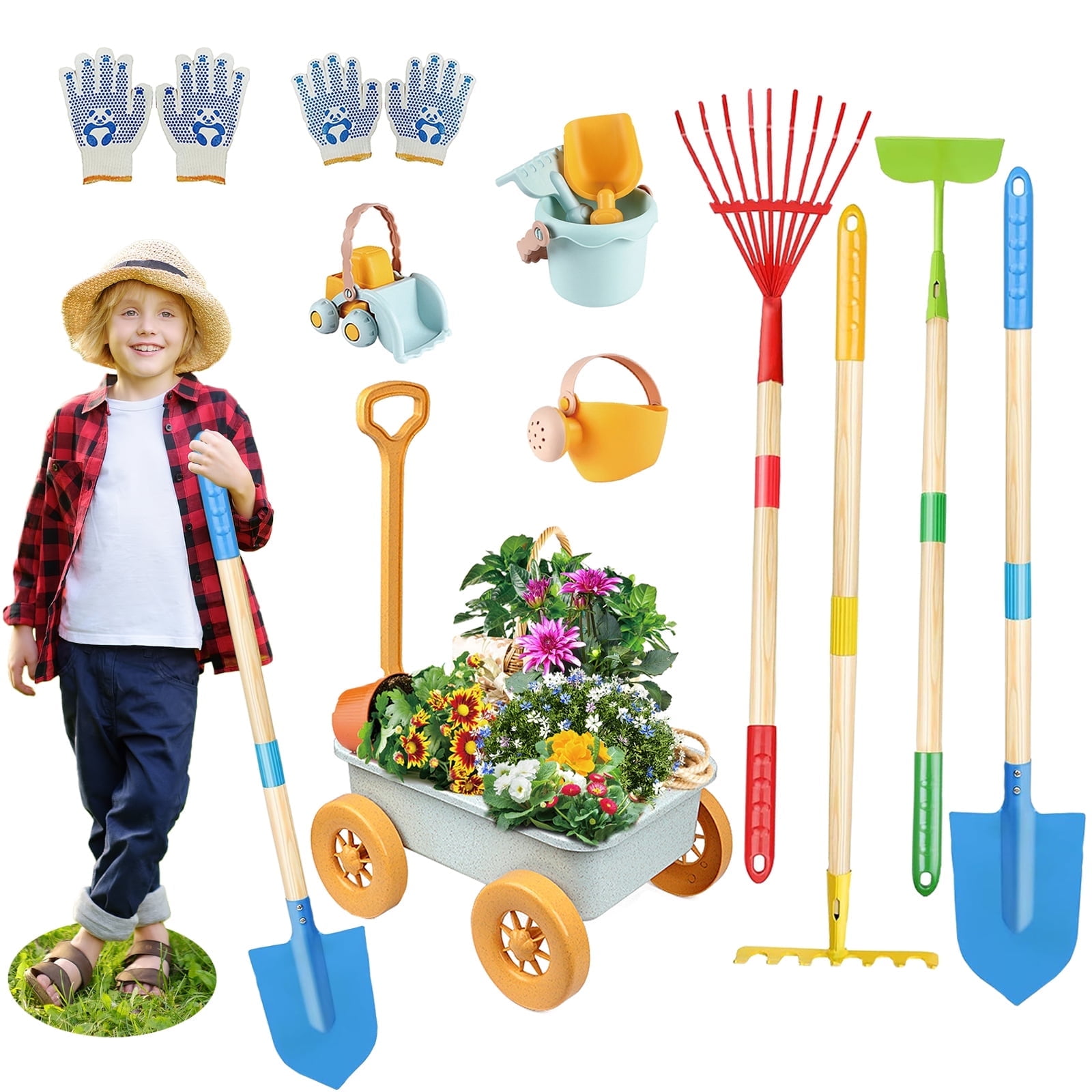 Kids Gardening Tools Set, 12pcs Outdoor Garden Toys with Wheelbarrow ...