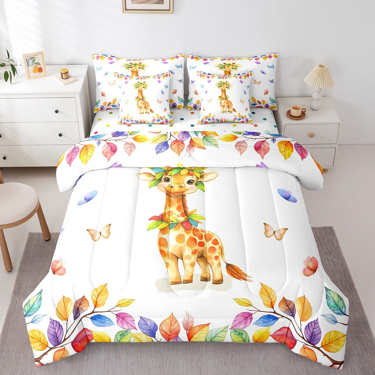 Kids Giraffe Bedding Comforter Sets 7pcs Watercolor Animals Twin ...