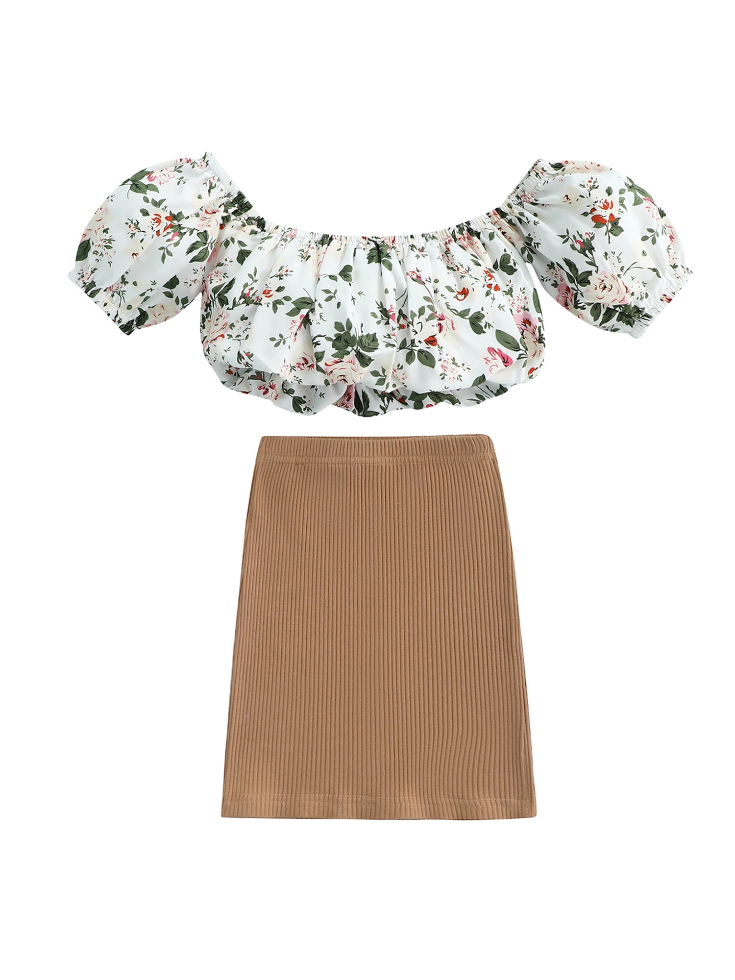 Kids Girl 2Pcs Skirt Outfits Sets Off Shoulder Flare Sleeve Floral Crop ...