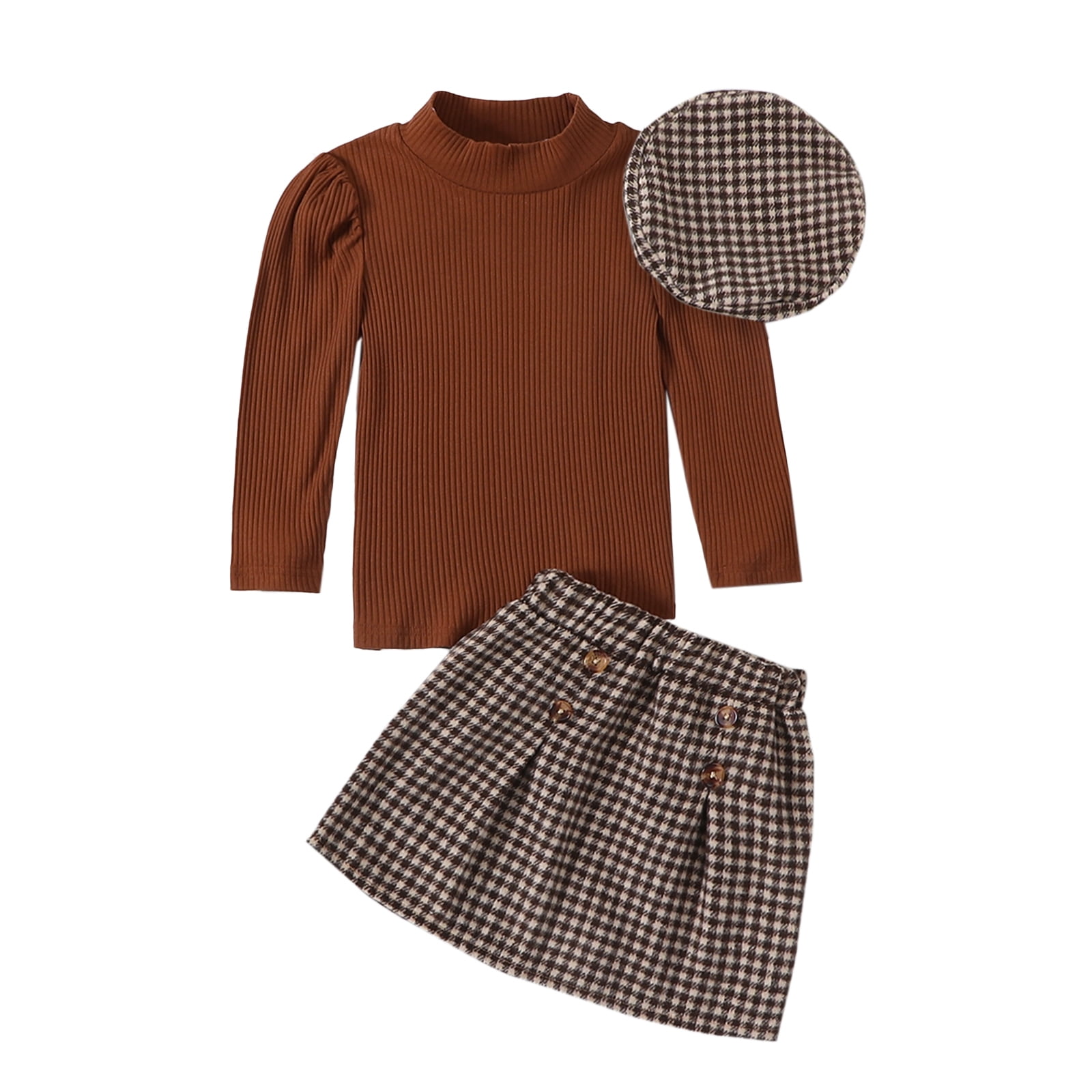 Kids Girl 3 Piece Outfit Casual Ribbed Long Sleeves Tops and Plaid ...