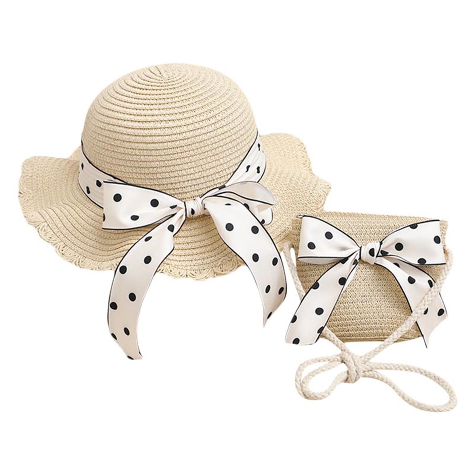 Kids Girl Bowler Straw Hat Bowknot Beach Sun Caps and Crossbody Bag ...