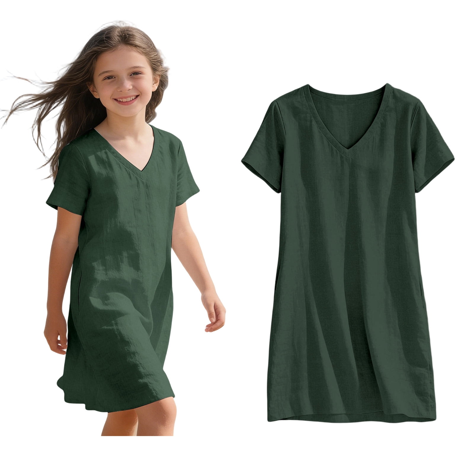Kids Girl Dress Short Sleeve V Neck Flared Swing Dress Graduation ...