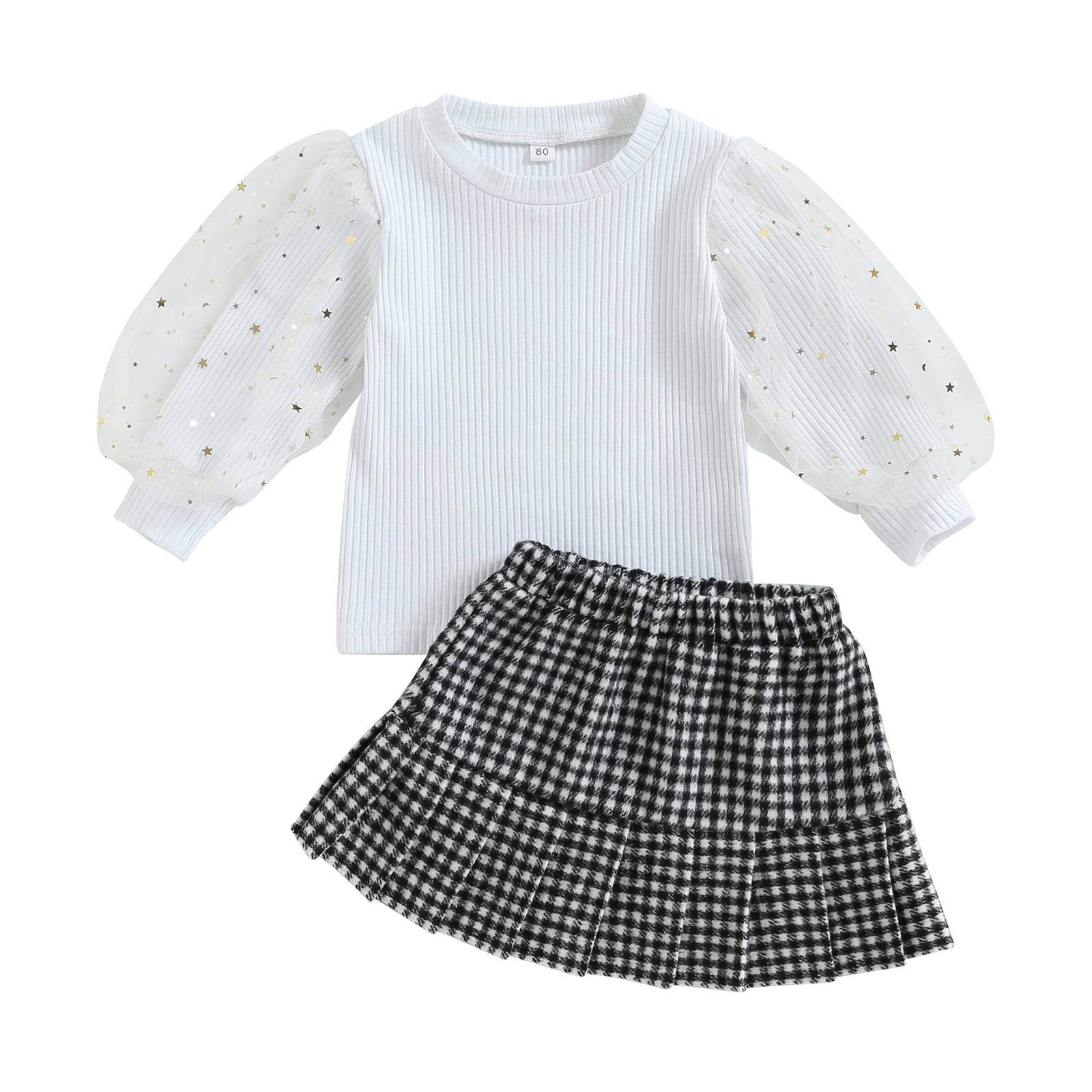 Kids Girl Fall Outfits Sequins Stars Moon Mesh Puff Sleeve Rib Knit ...