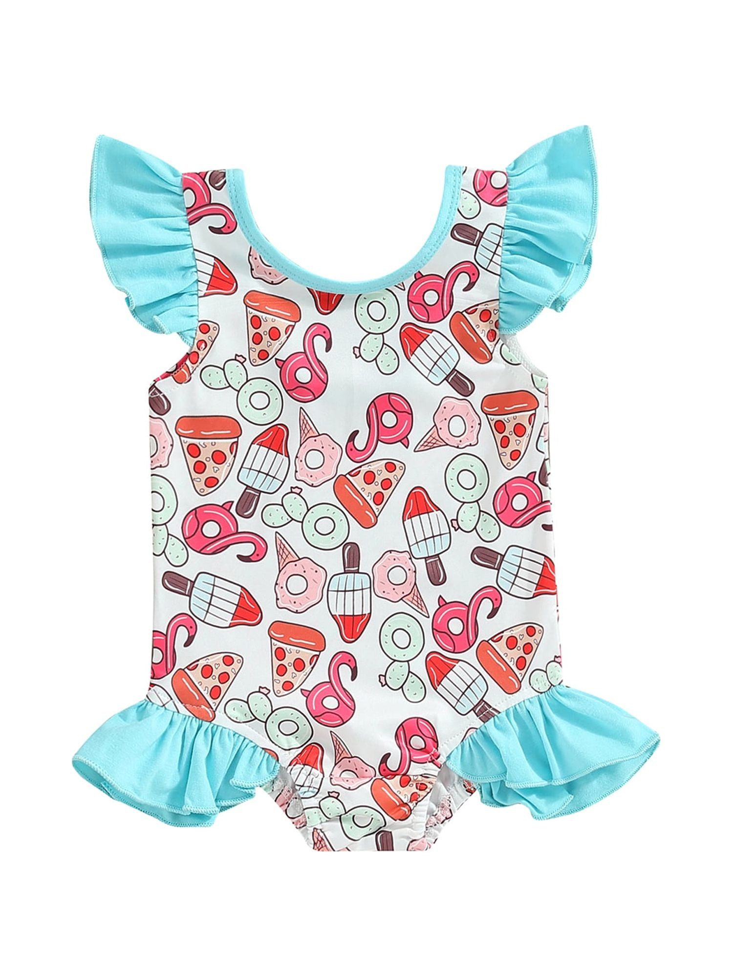 Kids Girl Romper Swimsuit, Fly Sleeve Round Neck Cartoon Print Summer ...