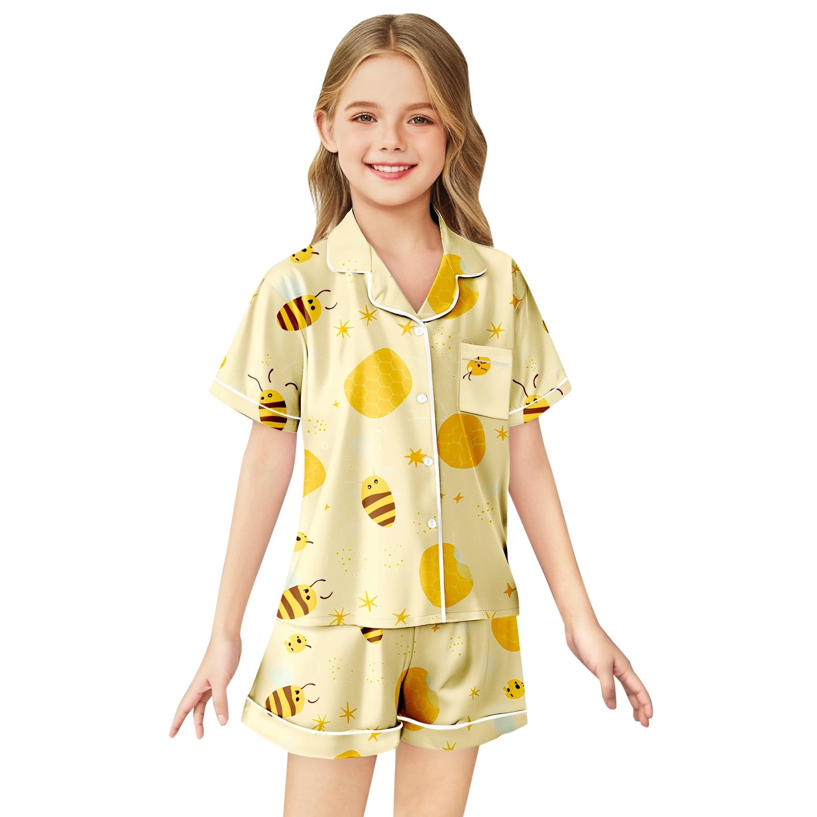 Kids Girl Satin Pajamas Set Cute Print Button Down Homewear Set Kids ...