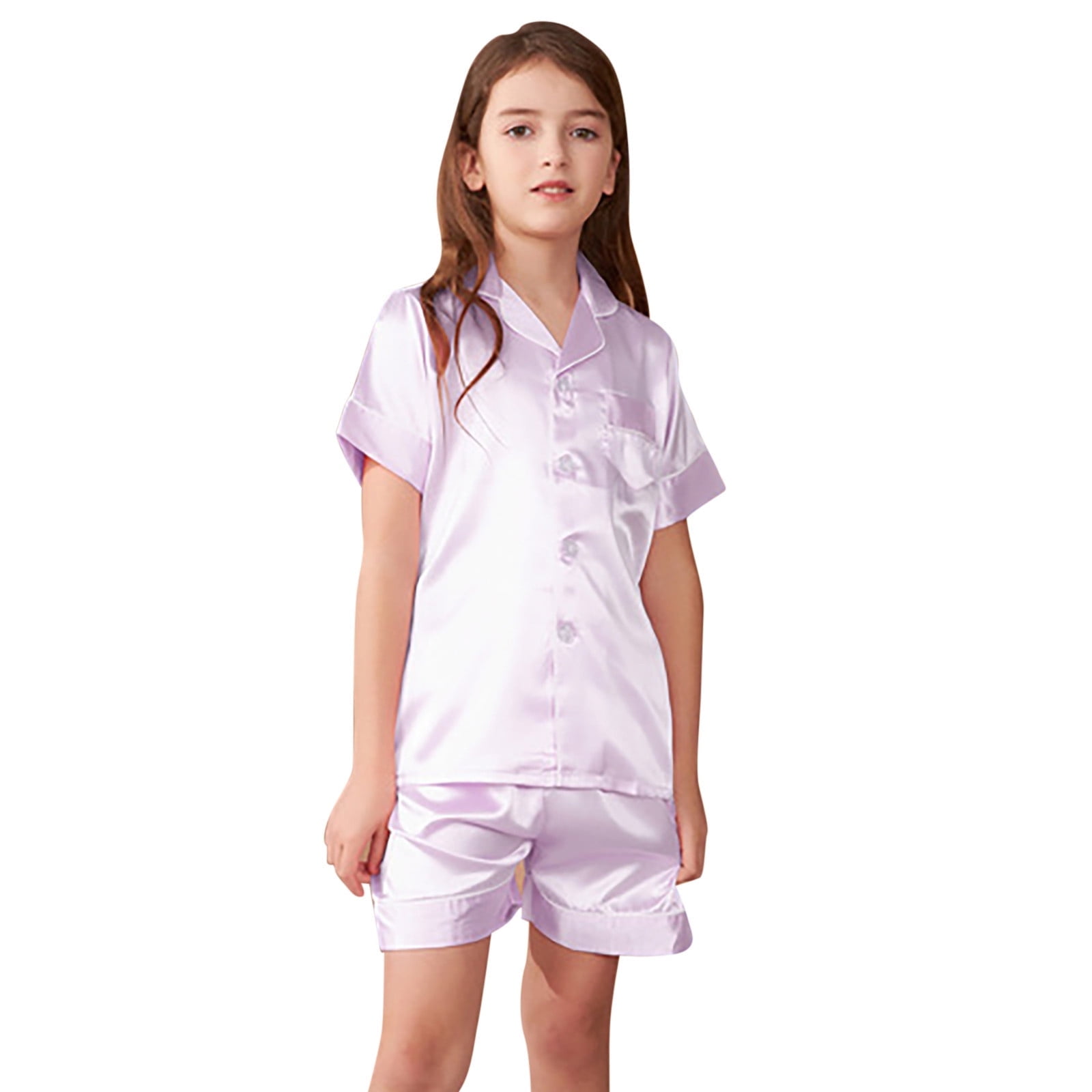Kids Girl Satin Pajamas Set Solid Color Girls Button Down Pajamas Set ...