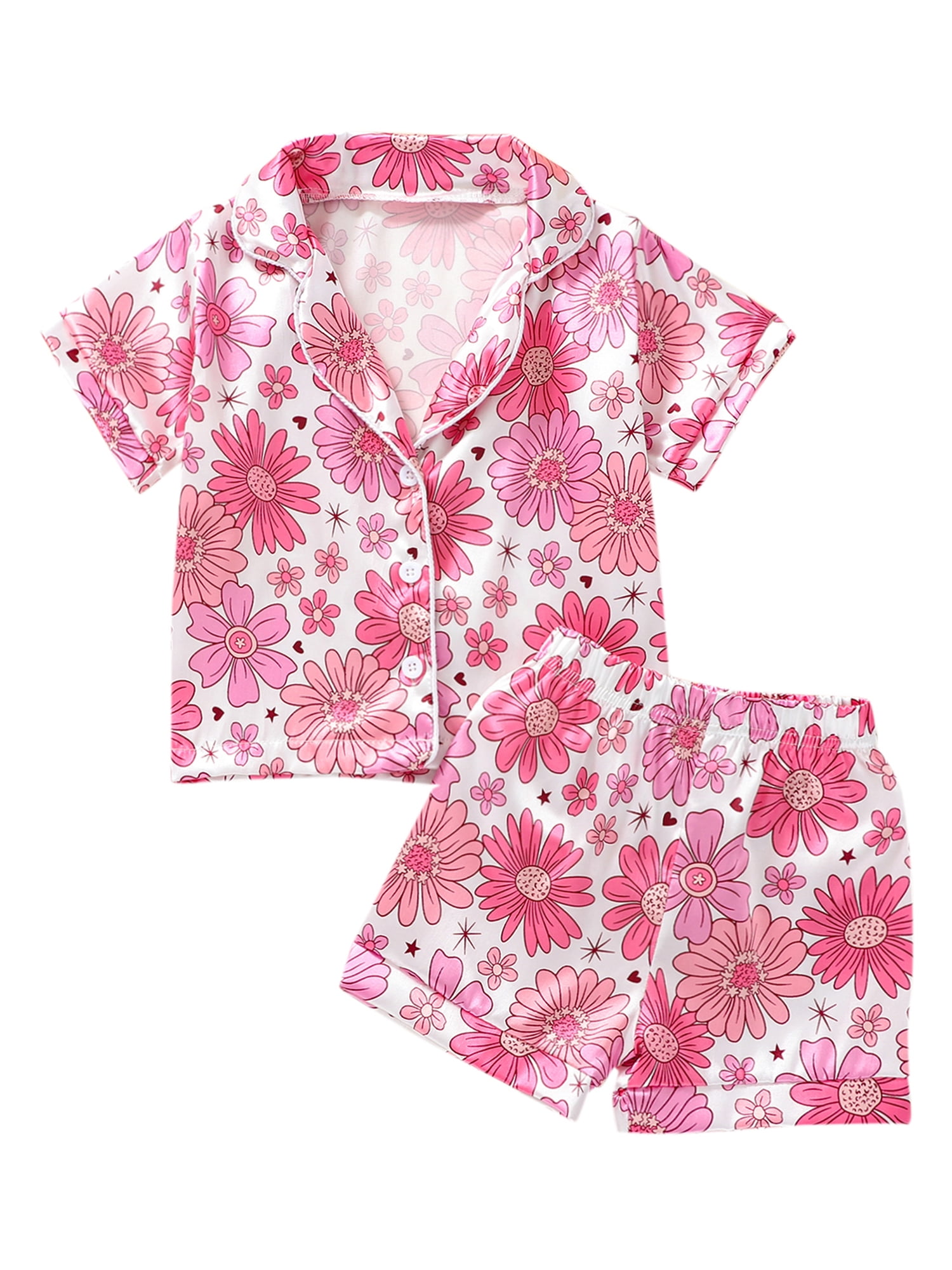 Kids Girl Silk Pajamas Ice Cream Short Sleeve Button-Up Top Shorts 2PC ...