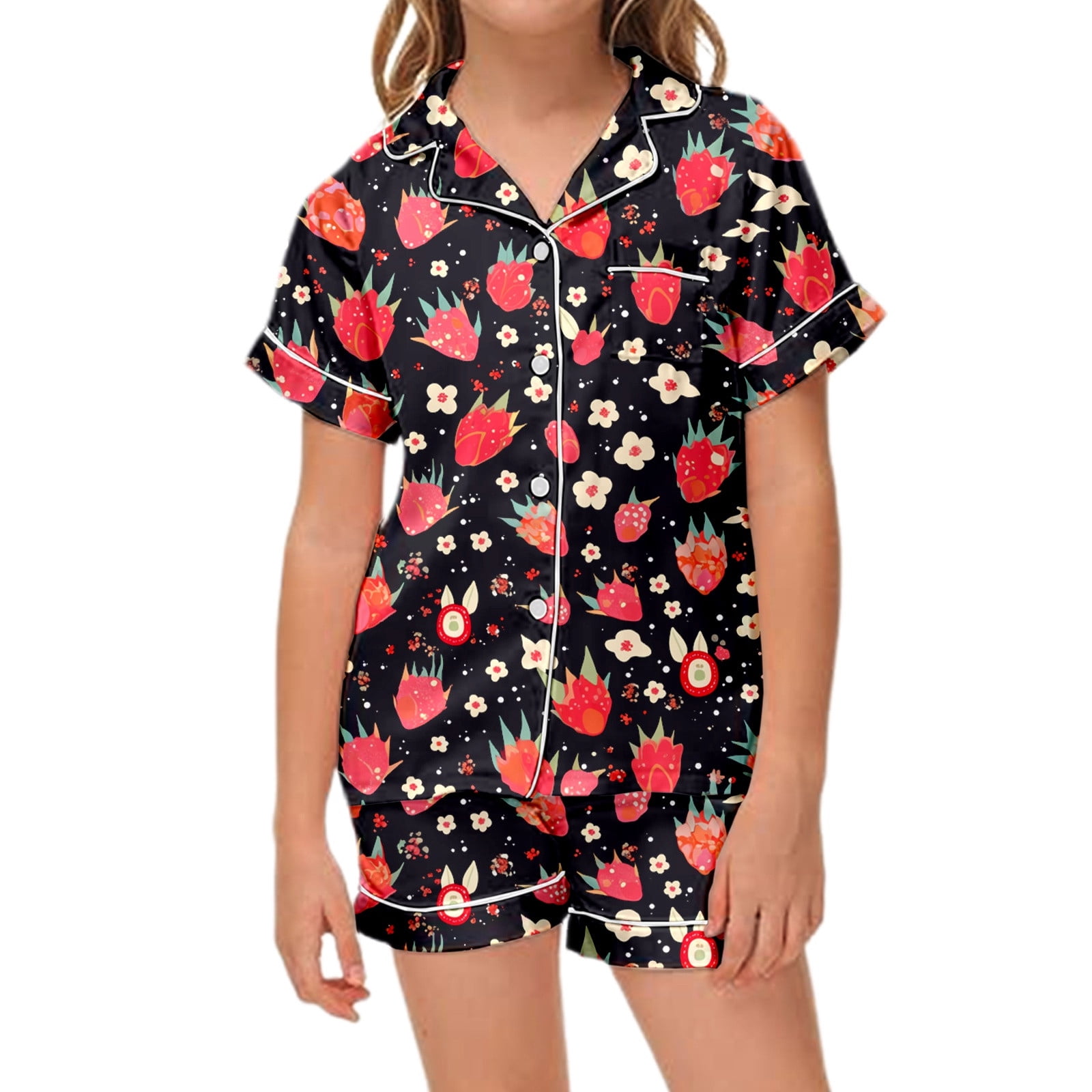 Kids Girl Silk Pajamas Set Cute Cartoon Girls Button Down Pajamas Set ...