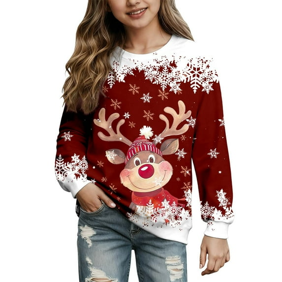Kids Girl Sweatshirt Funny Christmas Girls' Cartoon Deer Head Crew Neck ...
