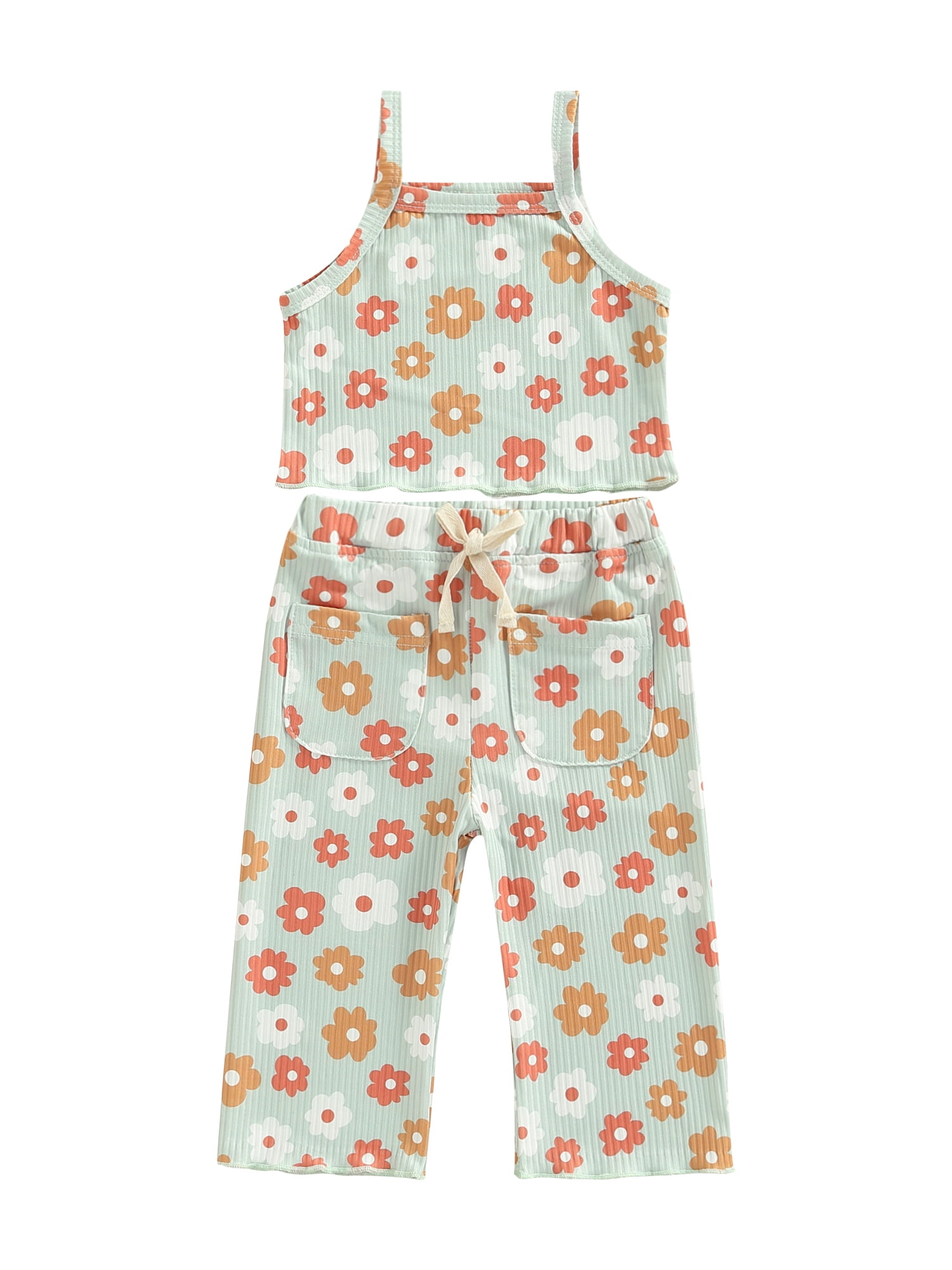 Kids Girl Tanks Tops + Pants, Floral Print Elastic Waist Drawstring ...