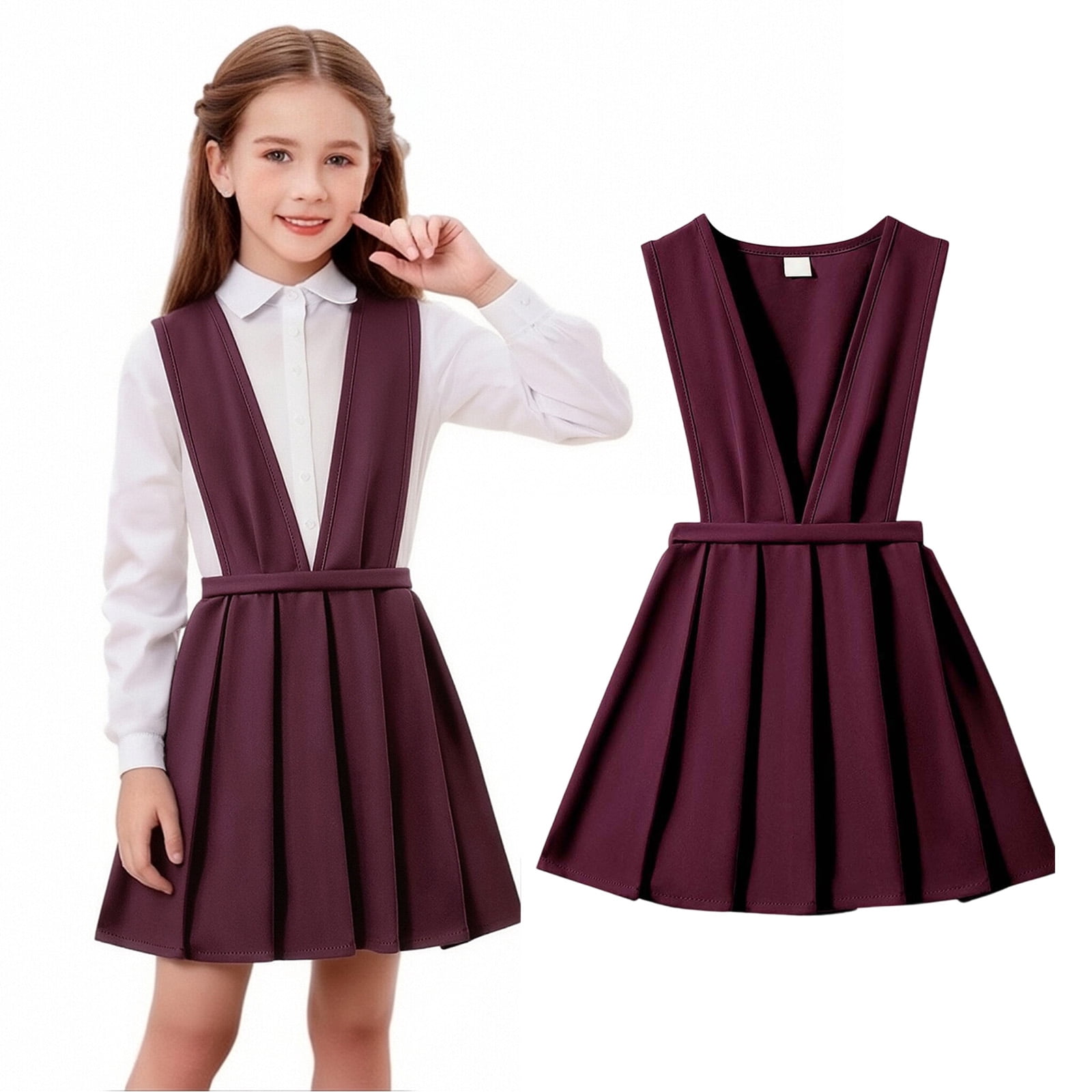 Kids Girl Uniform Dress Sleeveless Pull-On Pleated Red Jumper for Girls ...