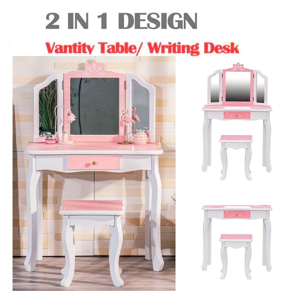 Kids Girl Vanity Table Set w/ Mirror Stool Drawer Princess Makeup Desk ...