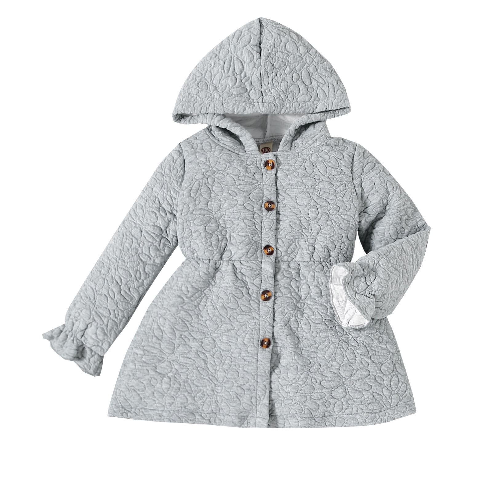 Kids Girl Winter Coat Flower Jacquard Long Sleeve Front Button Gray ...