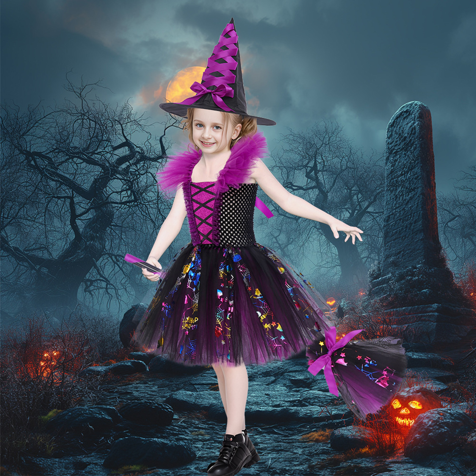 Kids Girl Witch Costume with Witch Hat Broom Sequins Tutu Dresses Set ...