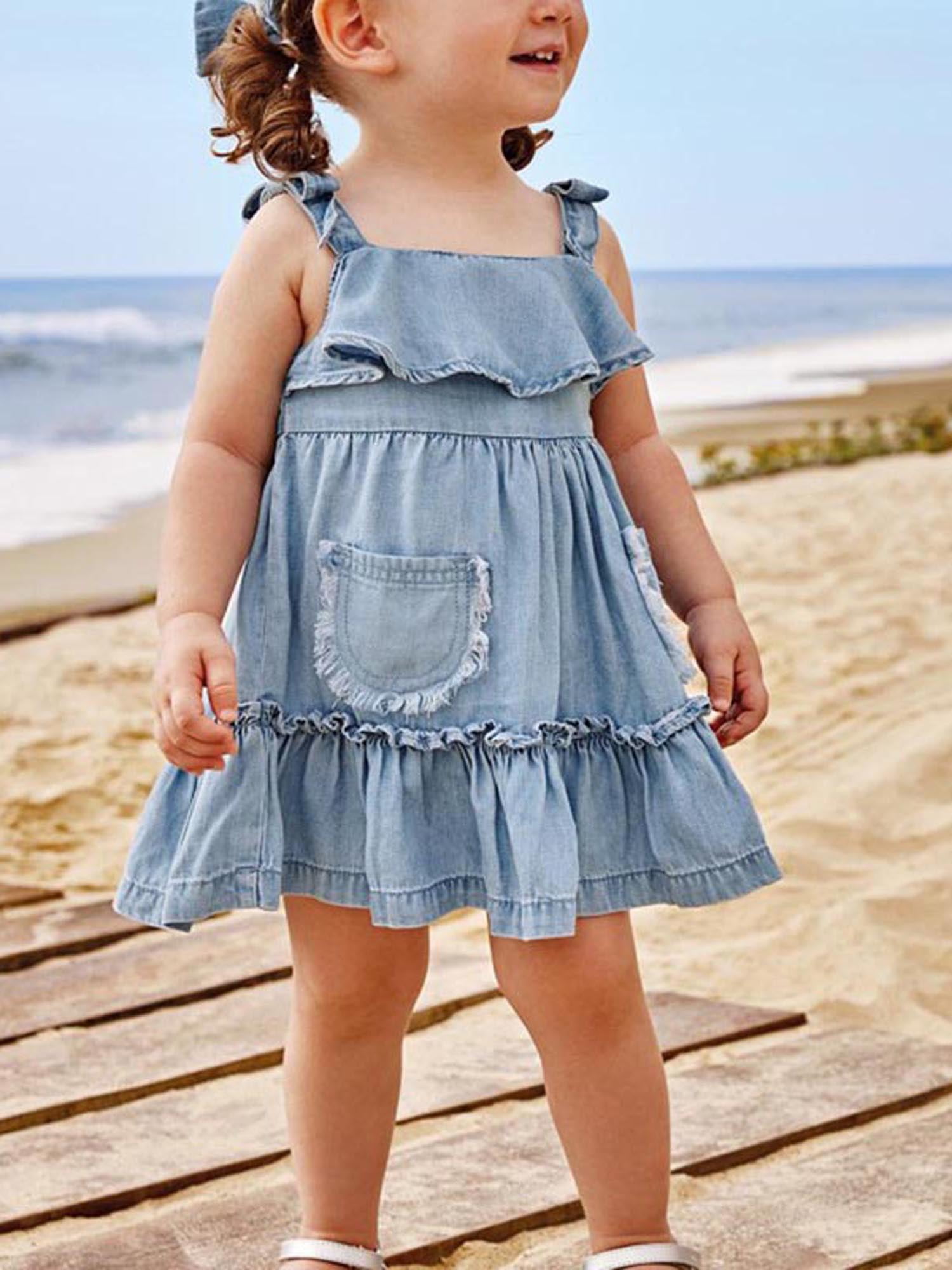 Kids Girls 2-piece Demin Outfit, Sleeveless Pleated Summer A-line Dress ...