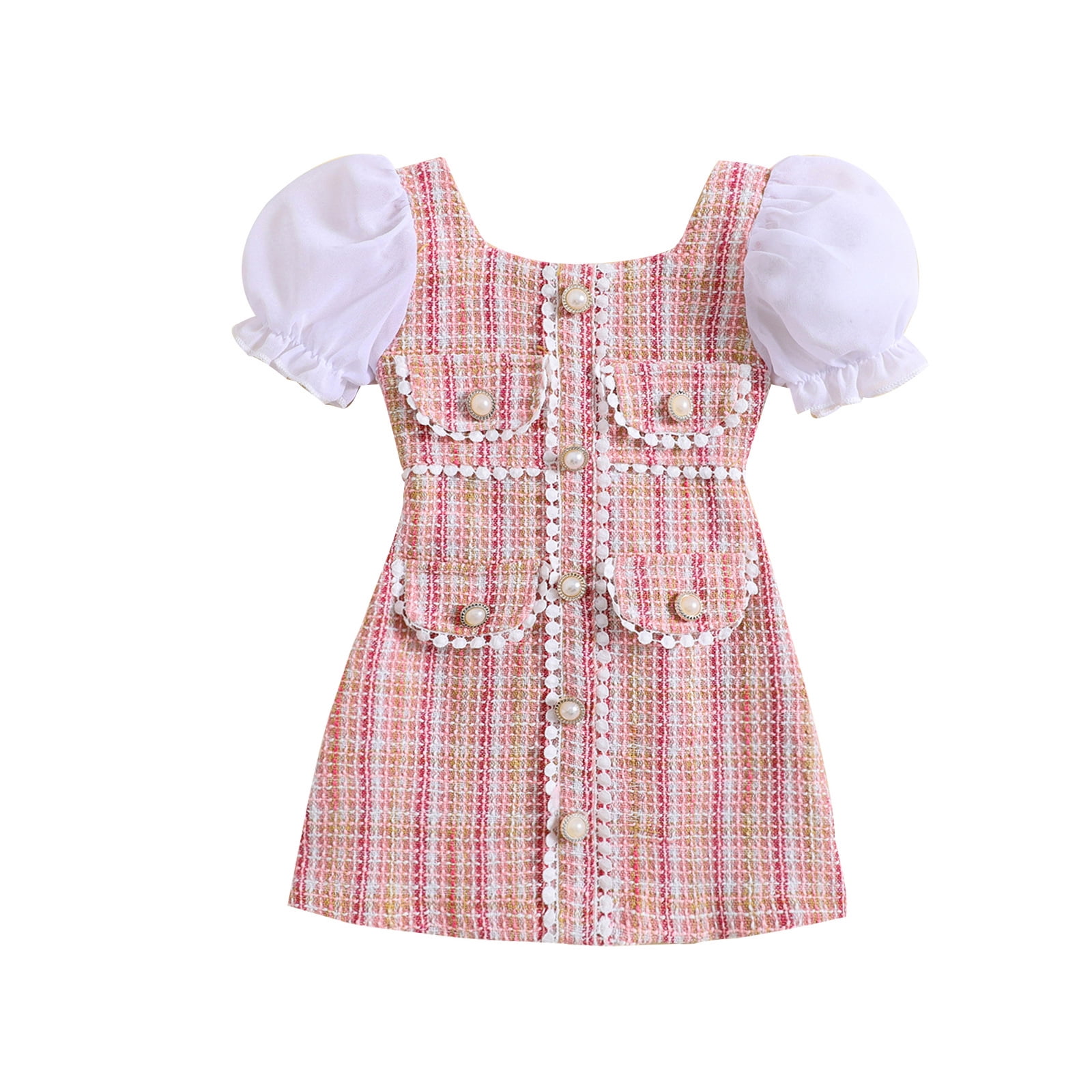 Kids Girl’s Dress, Puff Sleeve Mix Color Pearls Patchwork Summer A-line ...