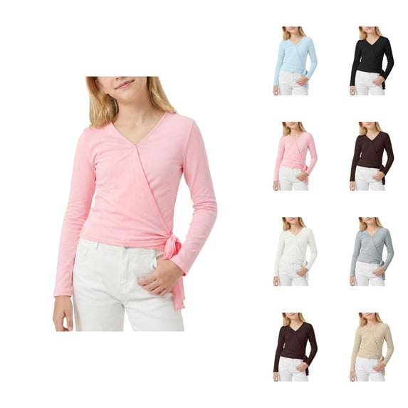 Kids Girl's Tie Wrap Top Long Sleeve V Neck Crop Tops Shirt Slim Fit ...