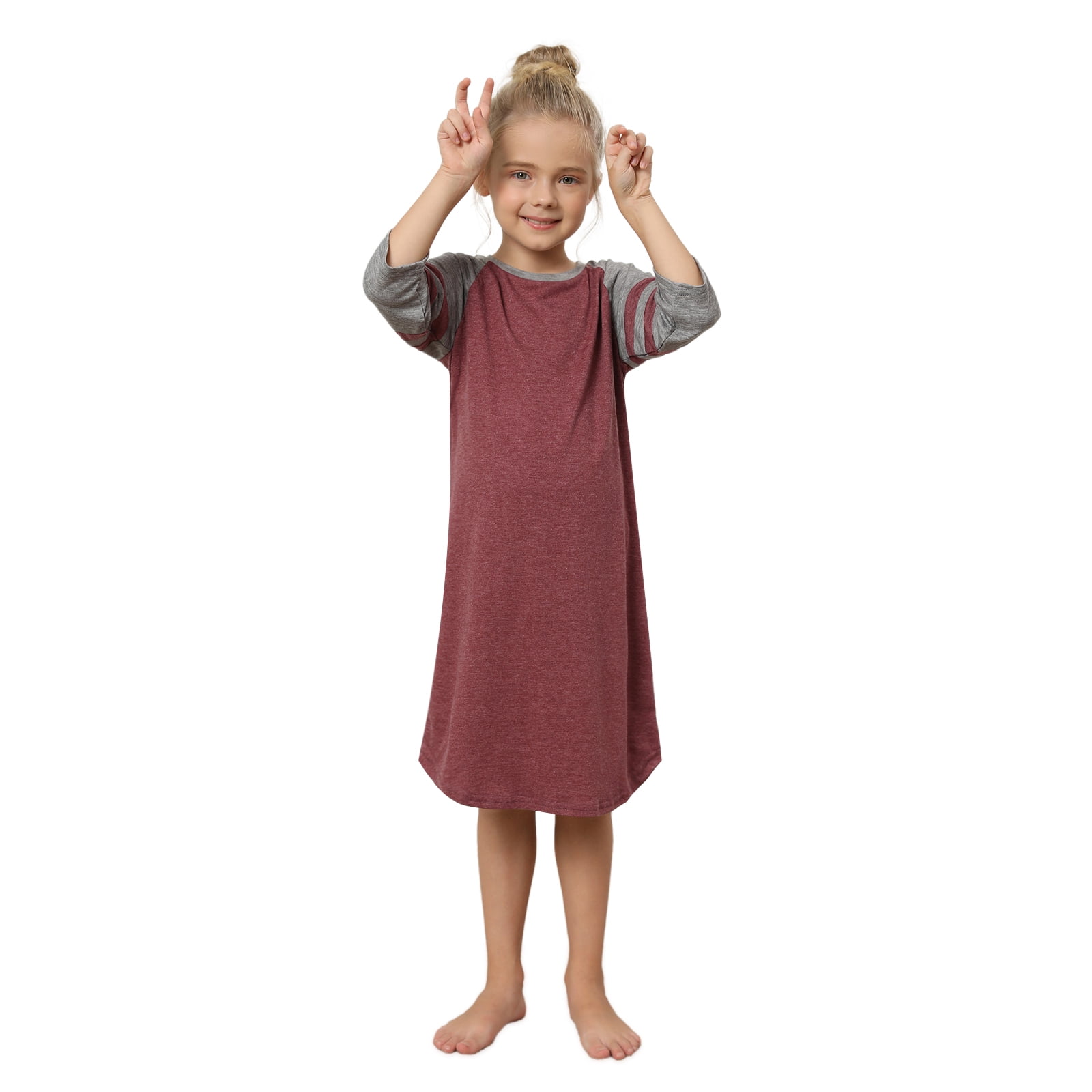 Kids Girls 3/4 Sleeves Nightshirts Raglan Sleep Shirt Soft Sleep Dress ...