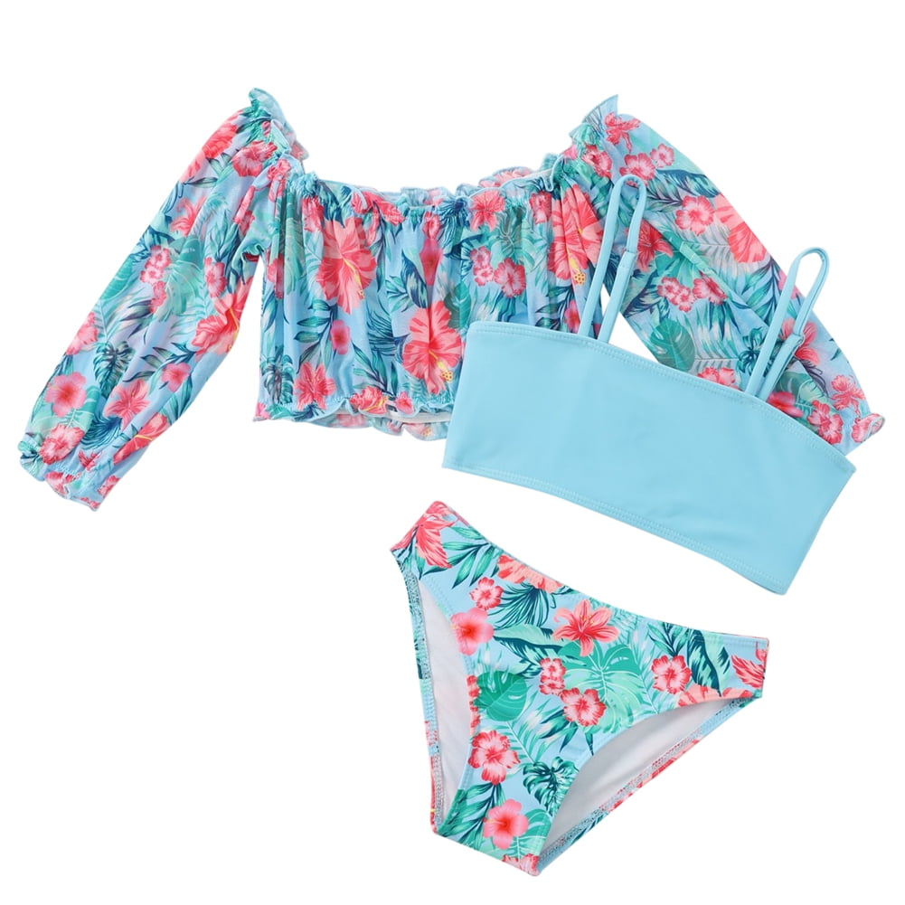 Kids Girls 3 Pieces Swimwear Set Floral Print Bikini Swimsuit Bathing ...