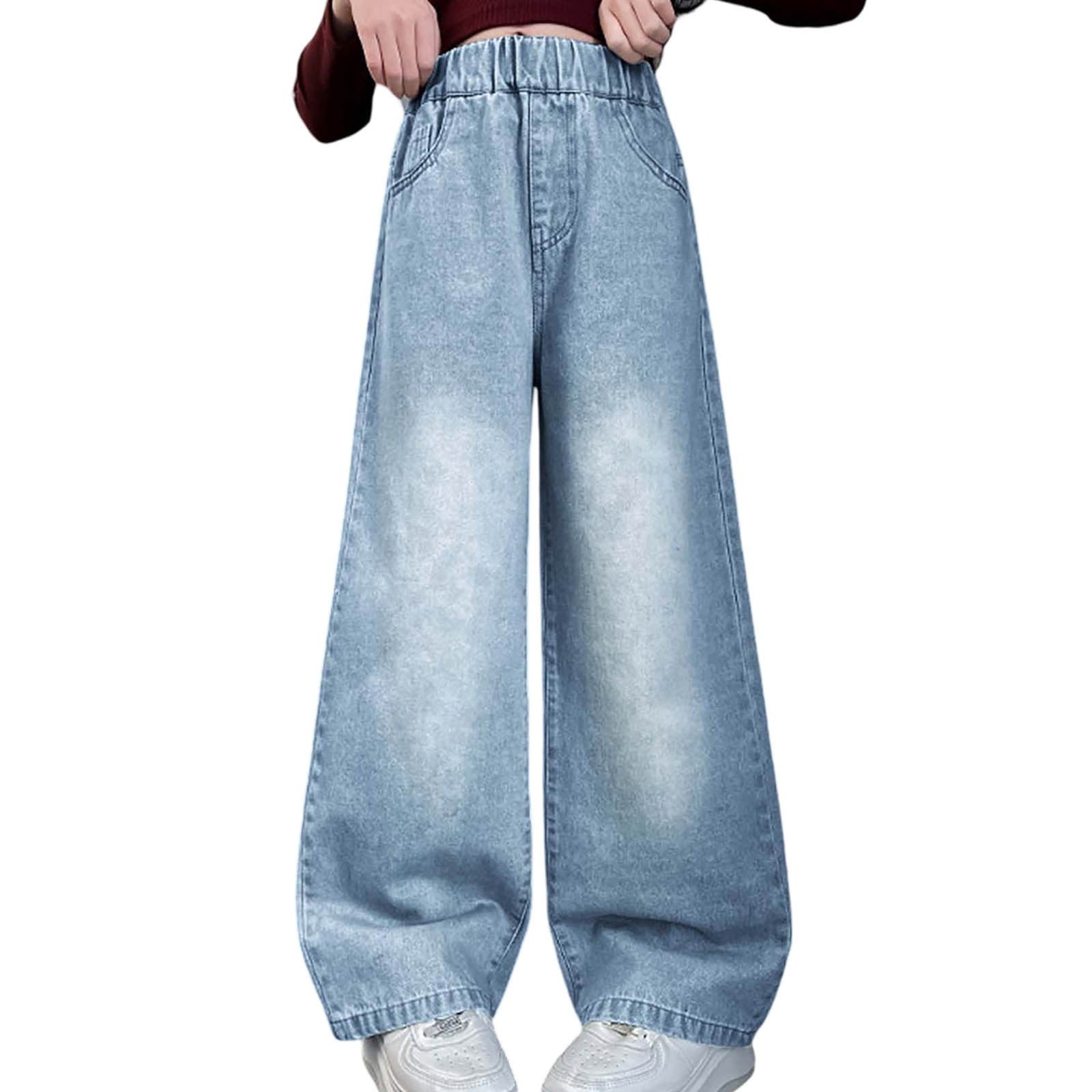 Kids Girls Baggy Jeans Denim Elastic Wasit Wide Leg High Waist Denim ...