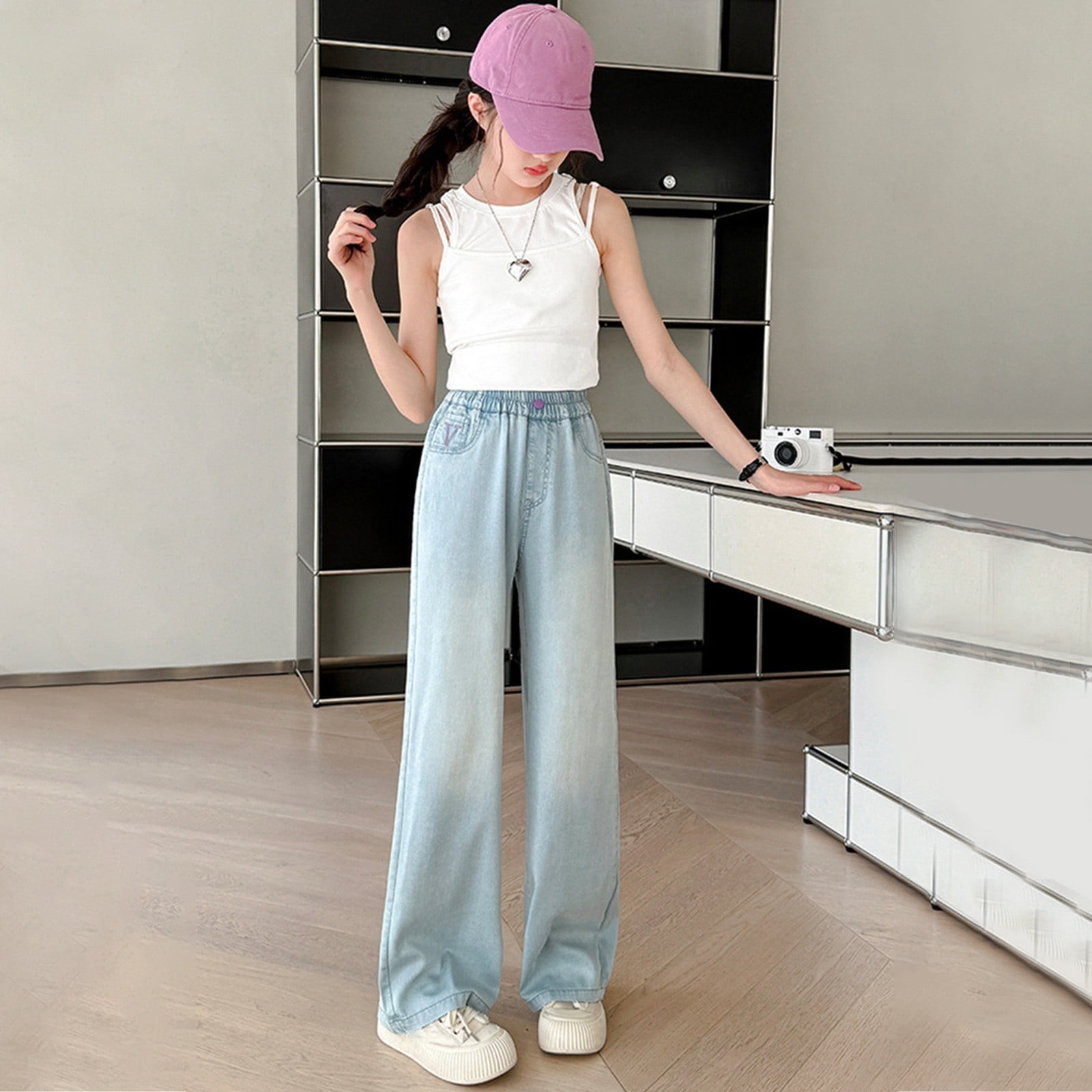Kids Girls Baggy Jeans Denim Elastic Wasit Wide Leg High Waist Denim ...