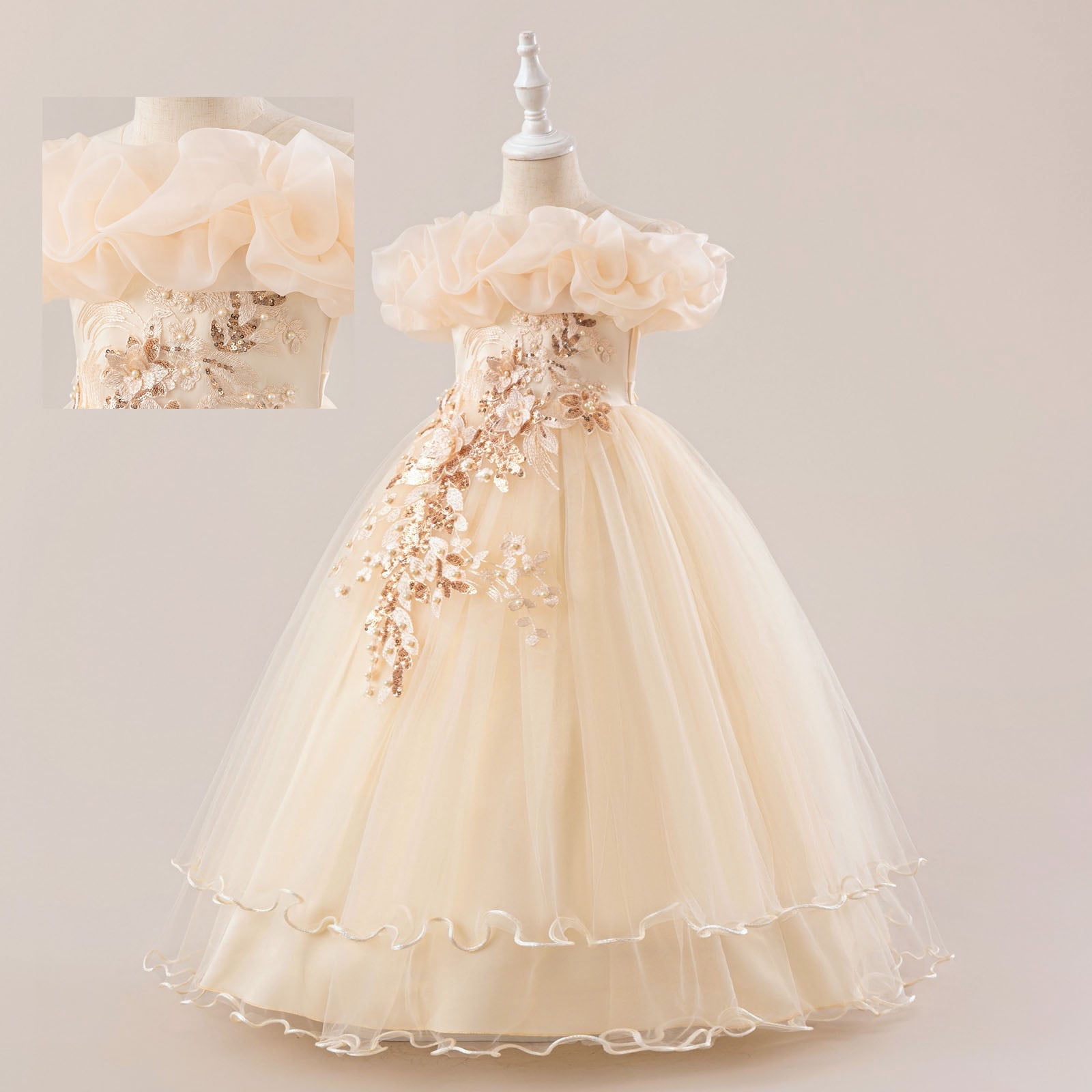 Kids Girls Beige Dress Ruffle Girls Formal Dresses Flower Girl Dresses ...